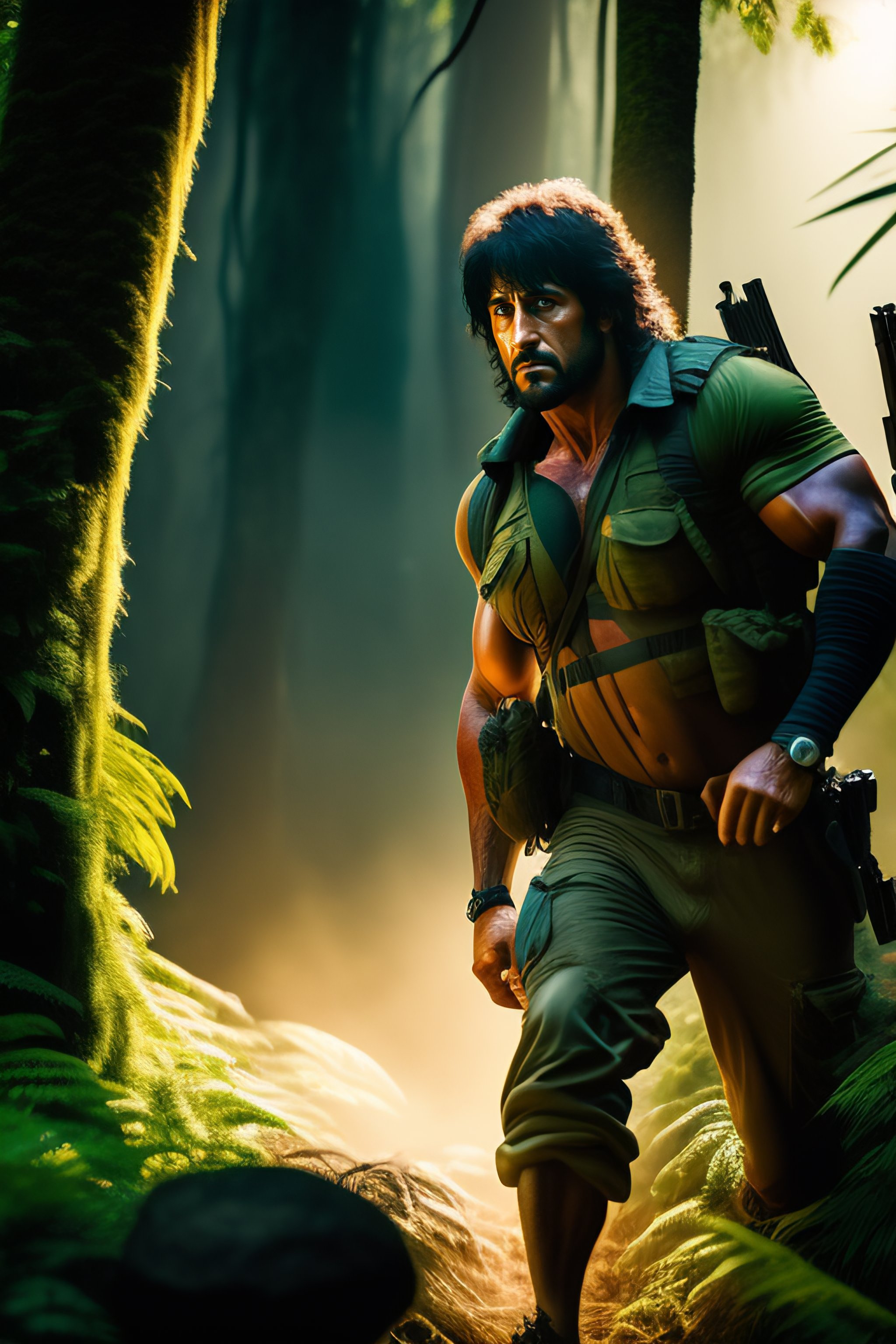 Lexica - Action shot of john rambo in a jungle, cinematic lighting ...