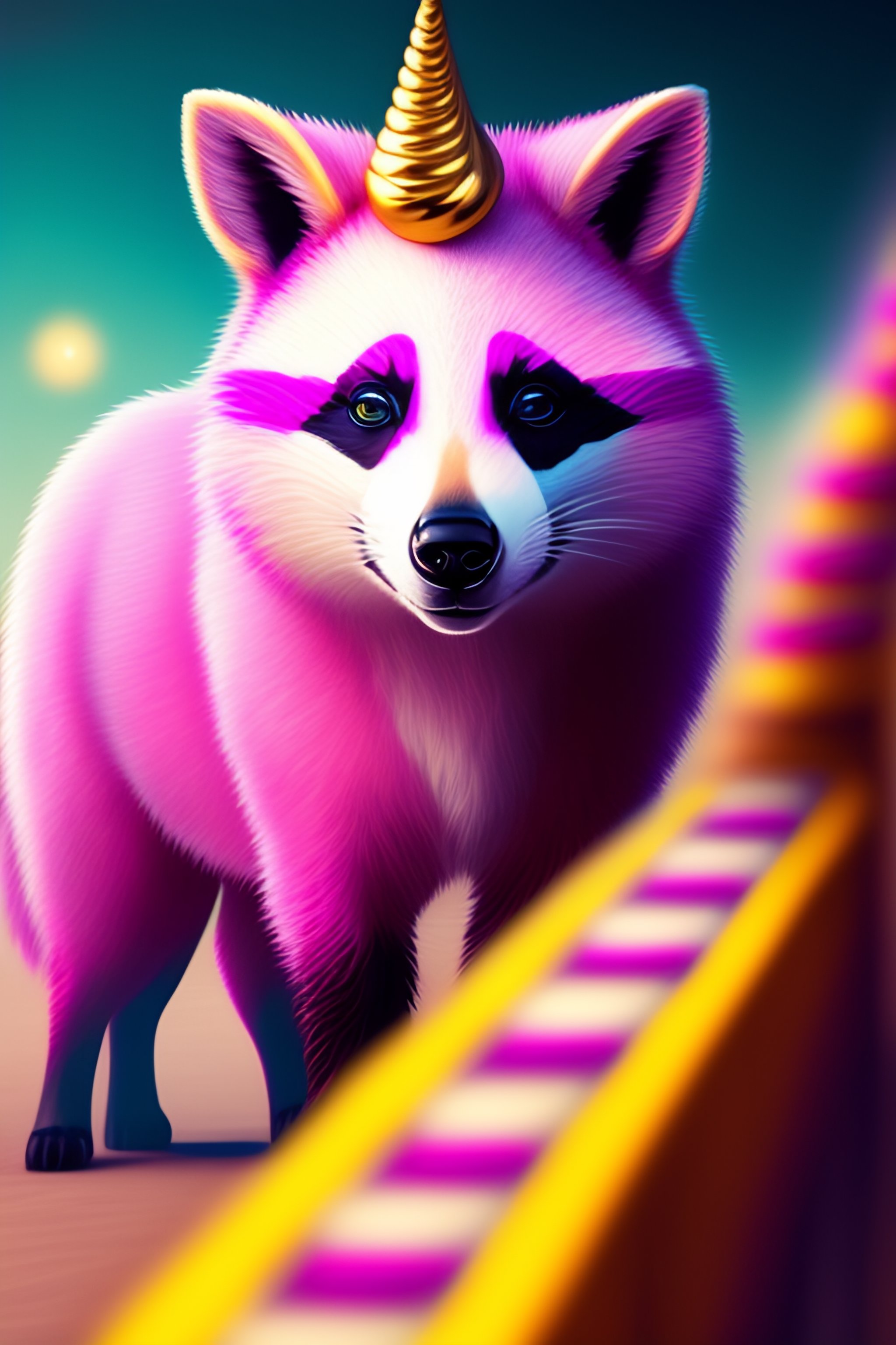 Lexica - Pink raccoon, white unicorn with wings, yellow brick road ...