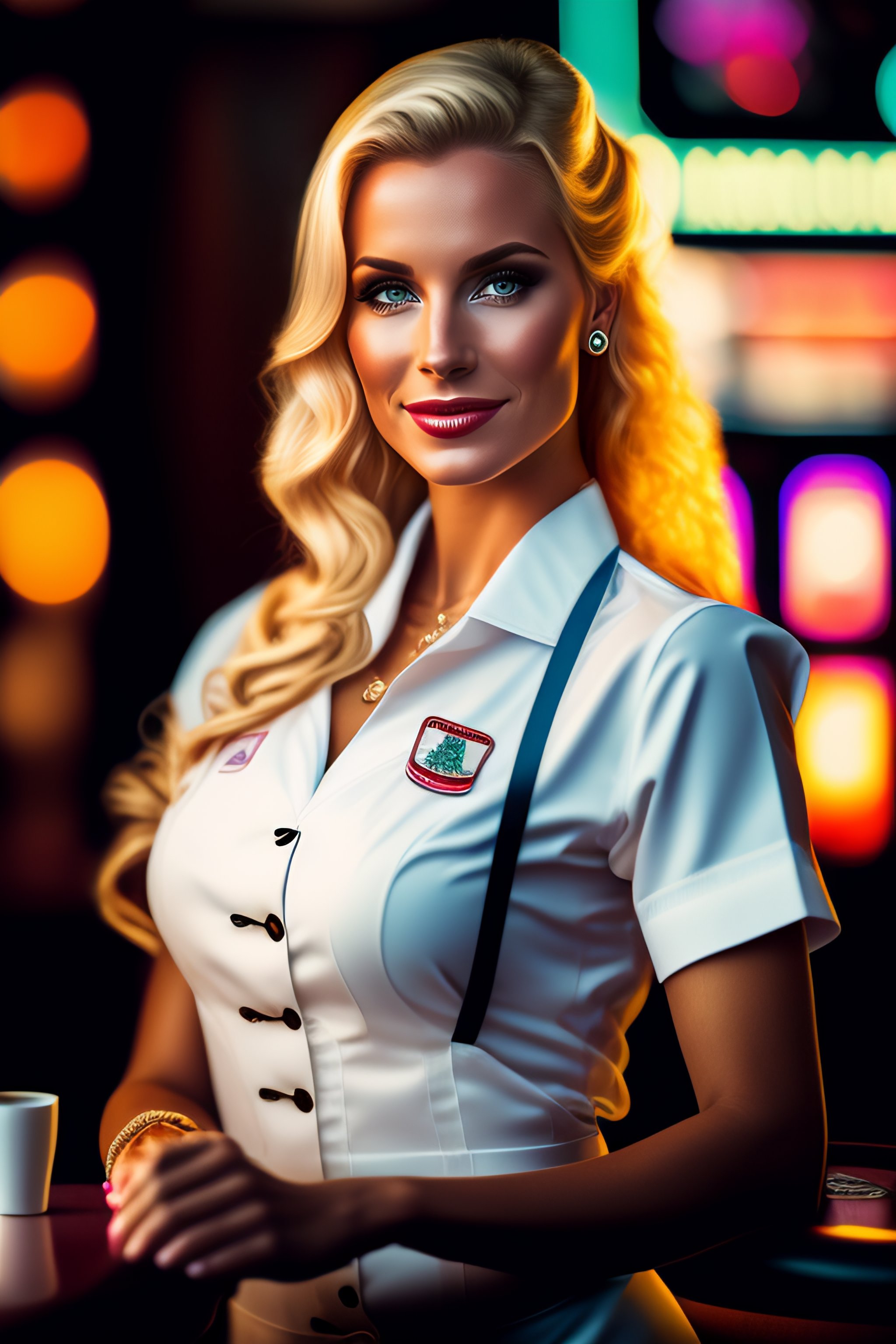 Lexica - Portrait of a blonde female dancer working as a waitress in a ...