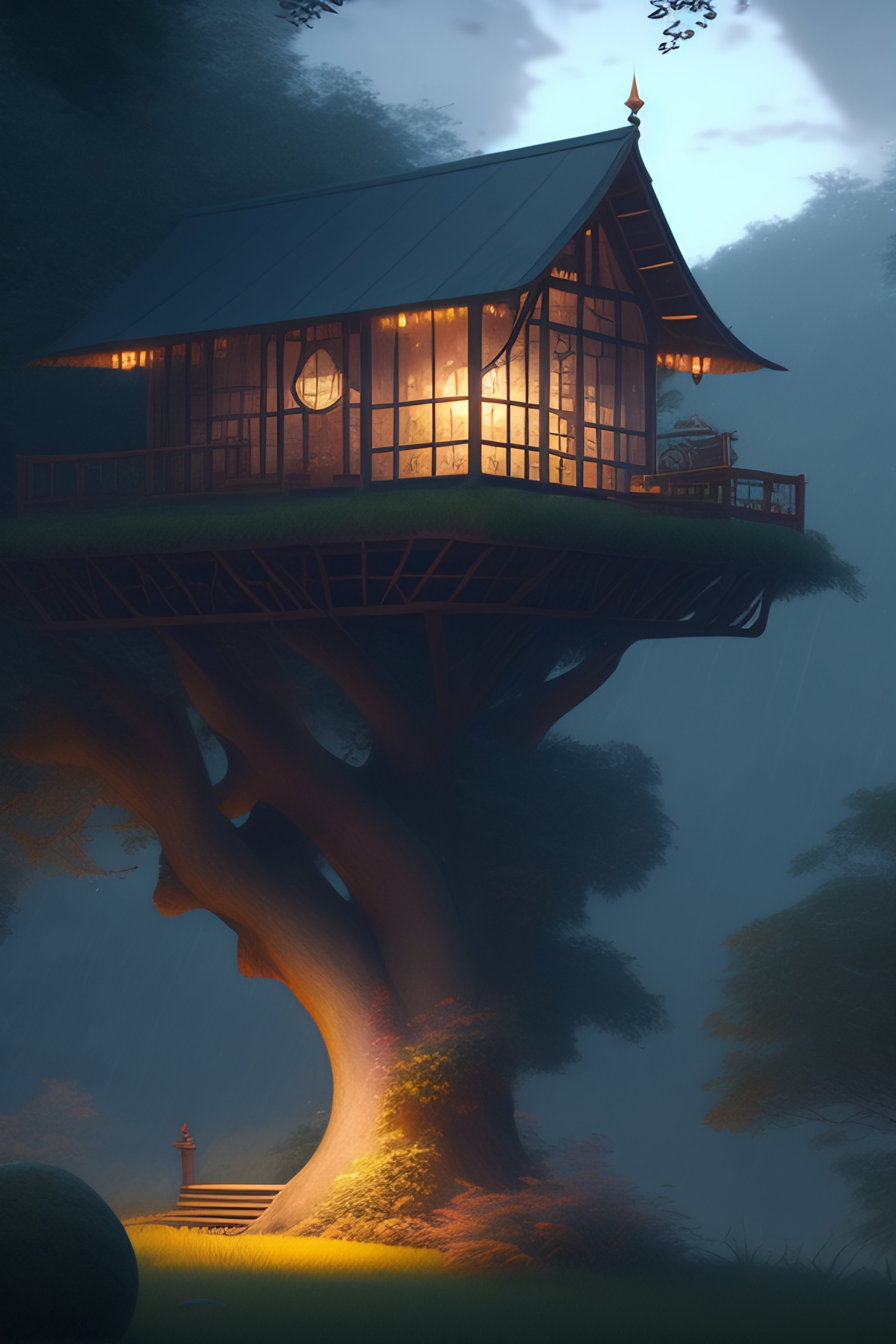 Lexica - Rain - tree house with windows, night, stars in the sky ...