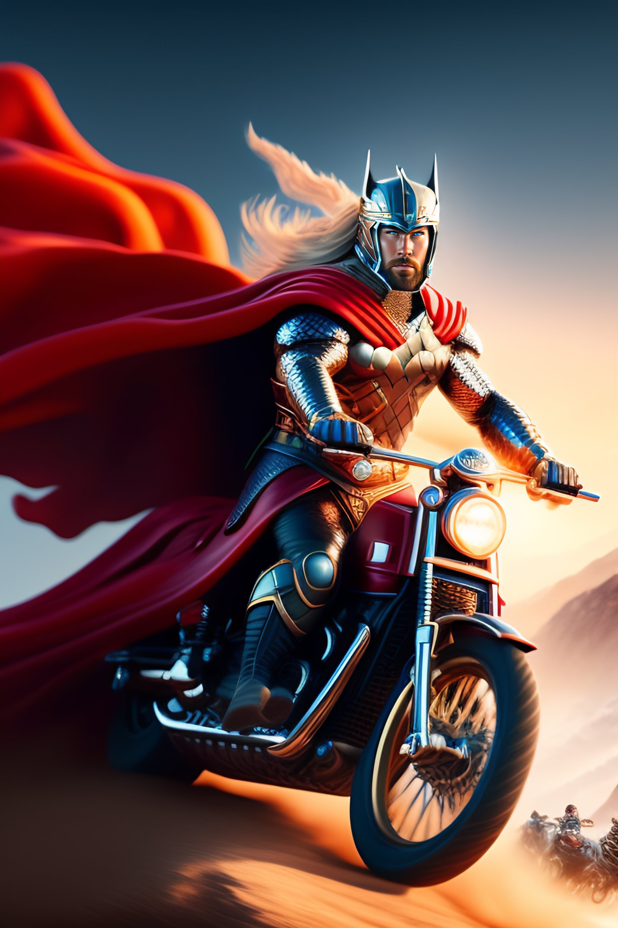 Lexica - An action scene of thor riding a motorcycle, on the great wall of china, holding his ...
