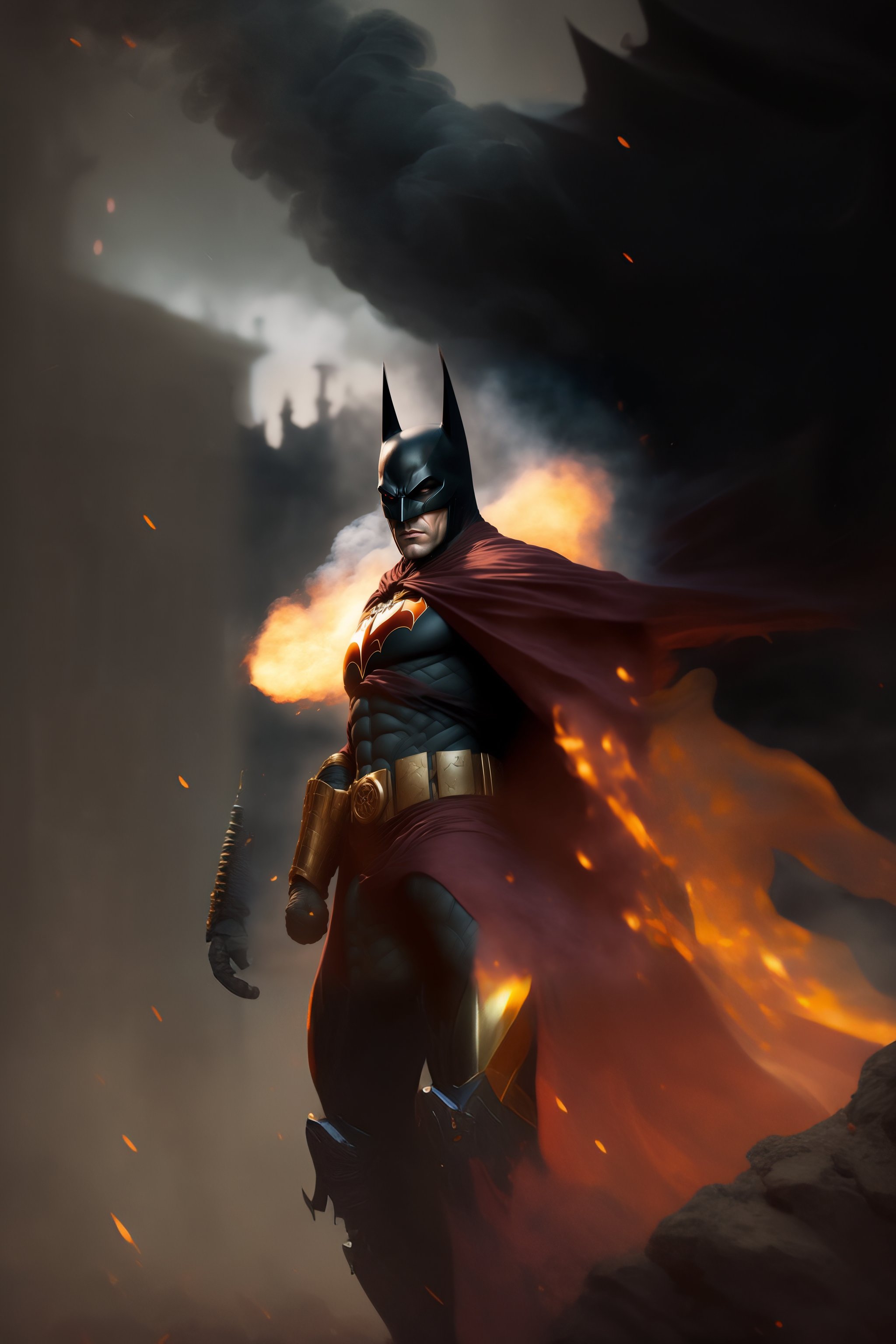 Lexica - Produce an image of Batman in a battle scene, with smoke and ...