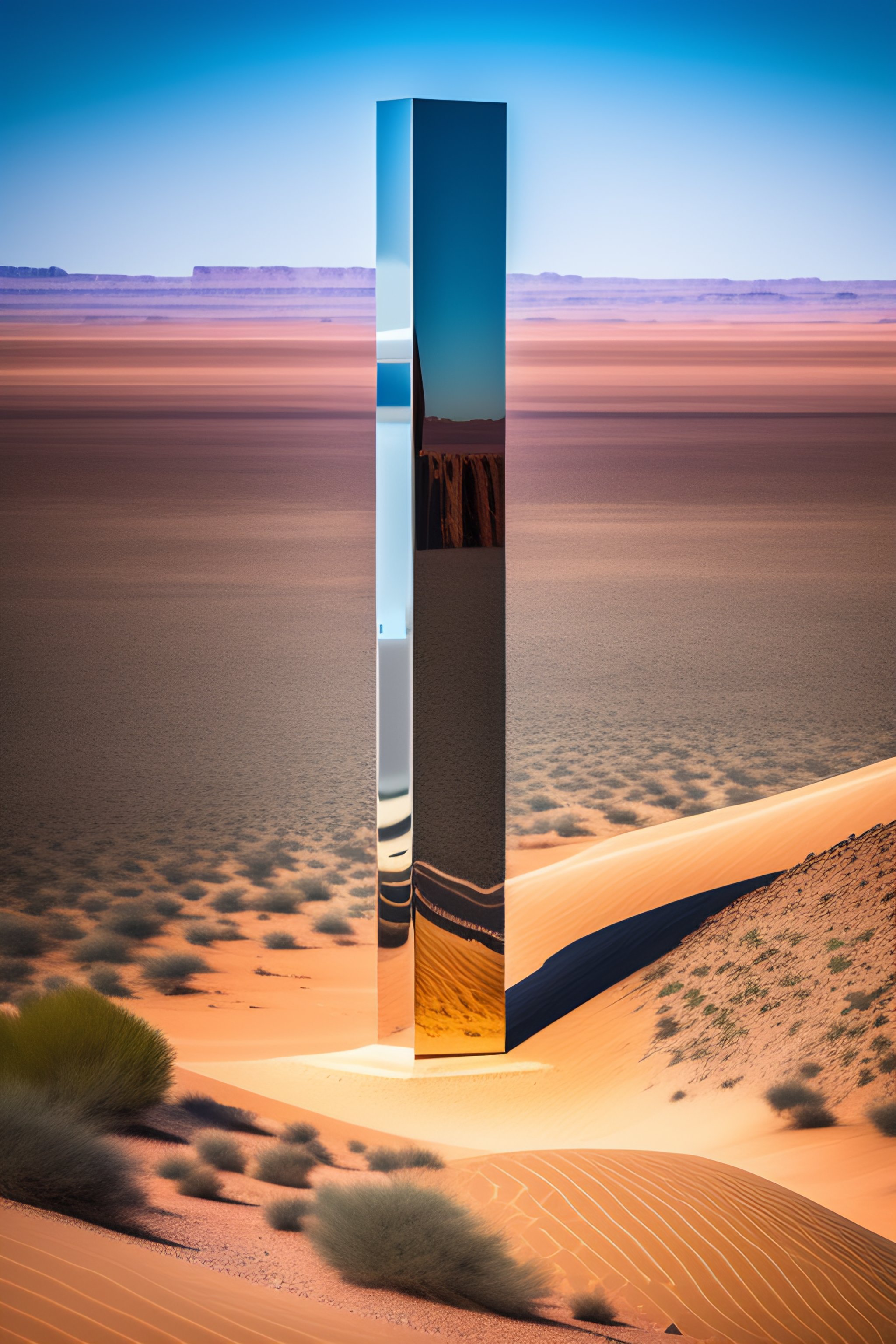 Lexica - Large metal monolith in desert, highly reflective