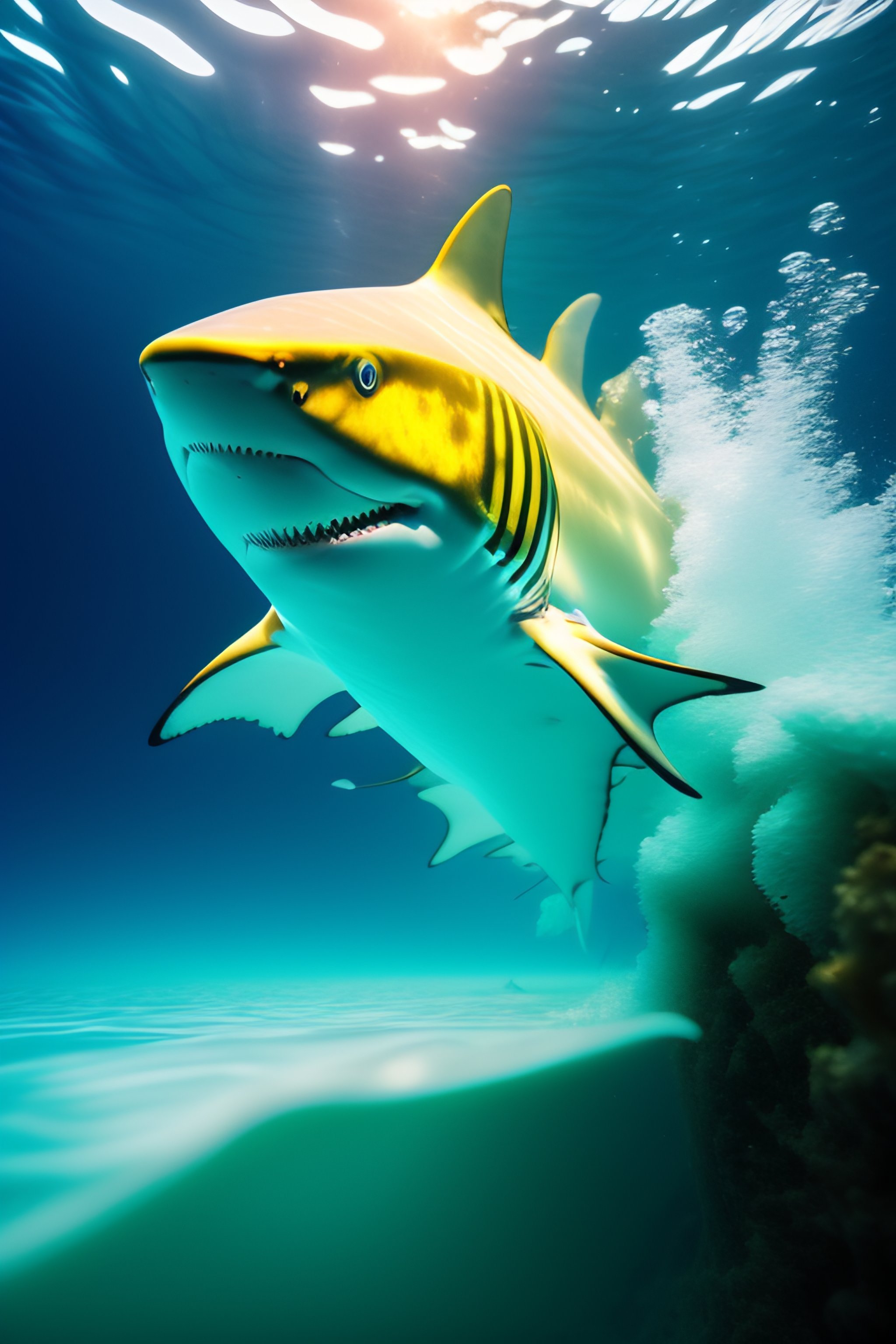 Lexica - A golden white agressive shark, swiming under ice, volumique ...