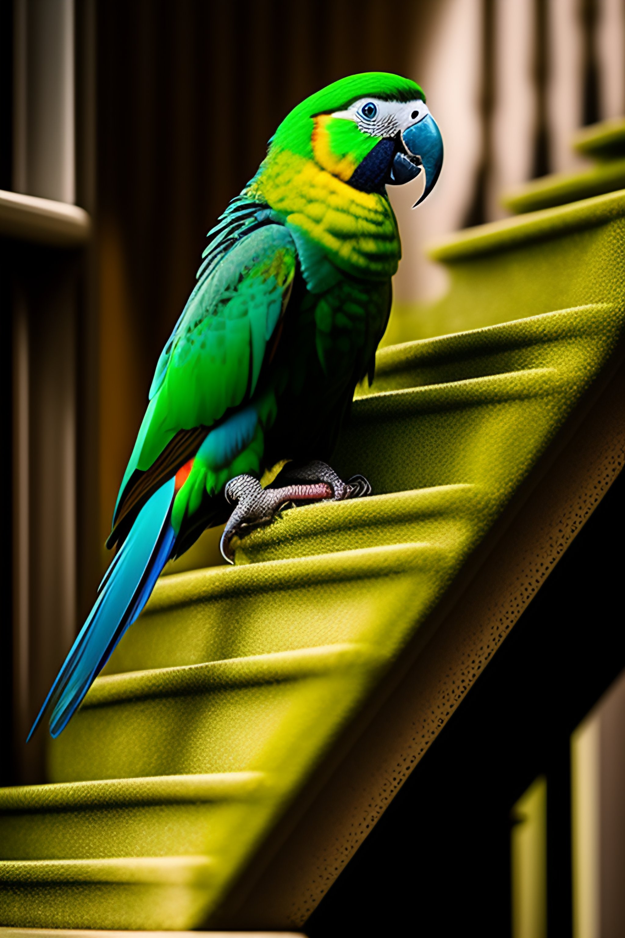 Lexica - Cute green parrot climb stairs
