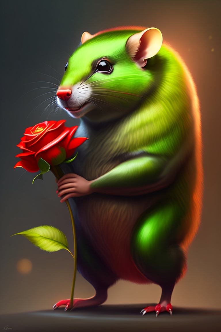 Lexica - A poisonous giant green rat holding a red rose r, digital art