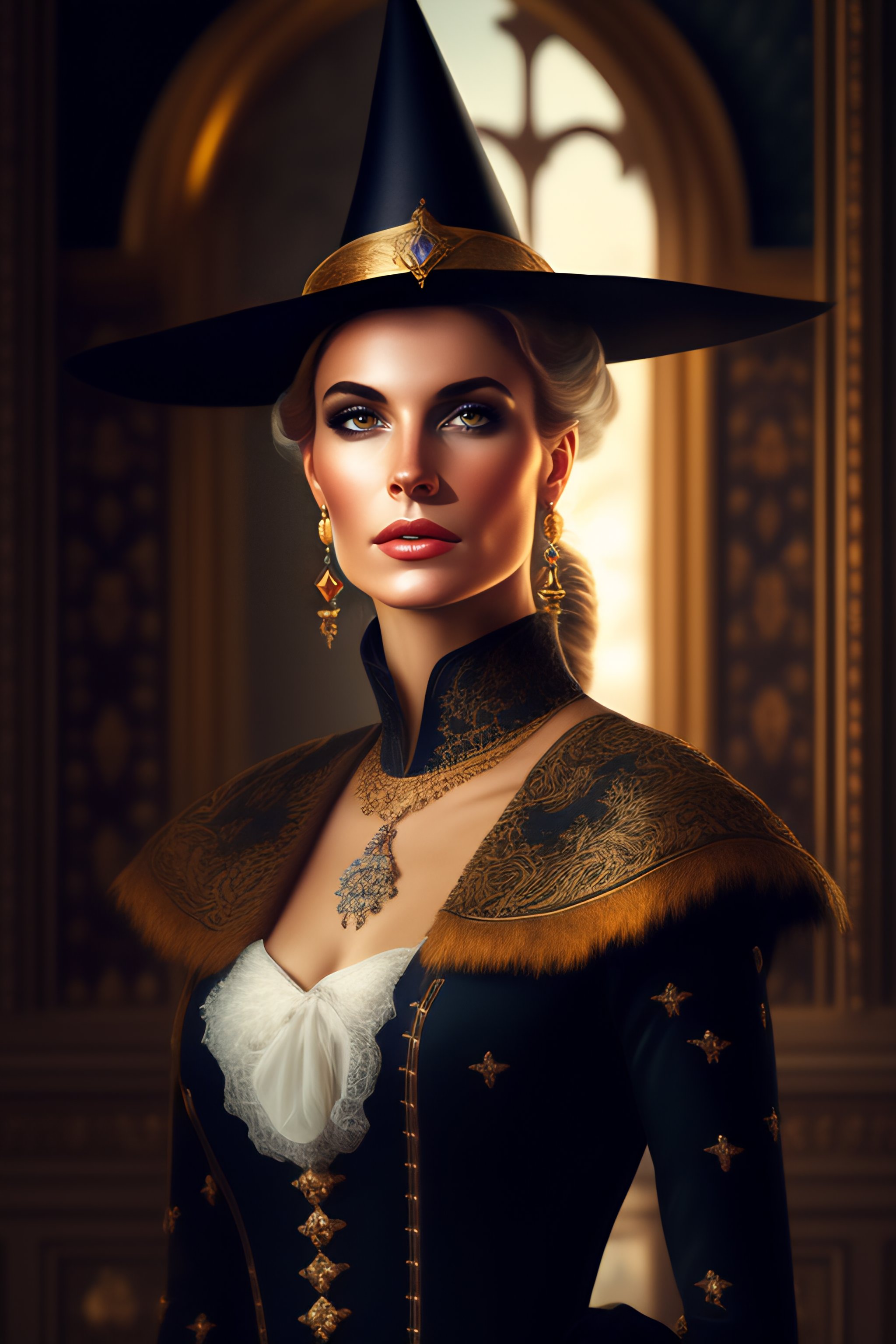 Lexica - Portrait of a witch with a dazzling gaze in a castle
