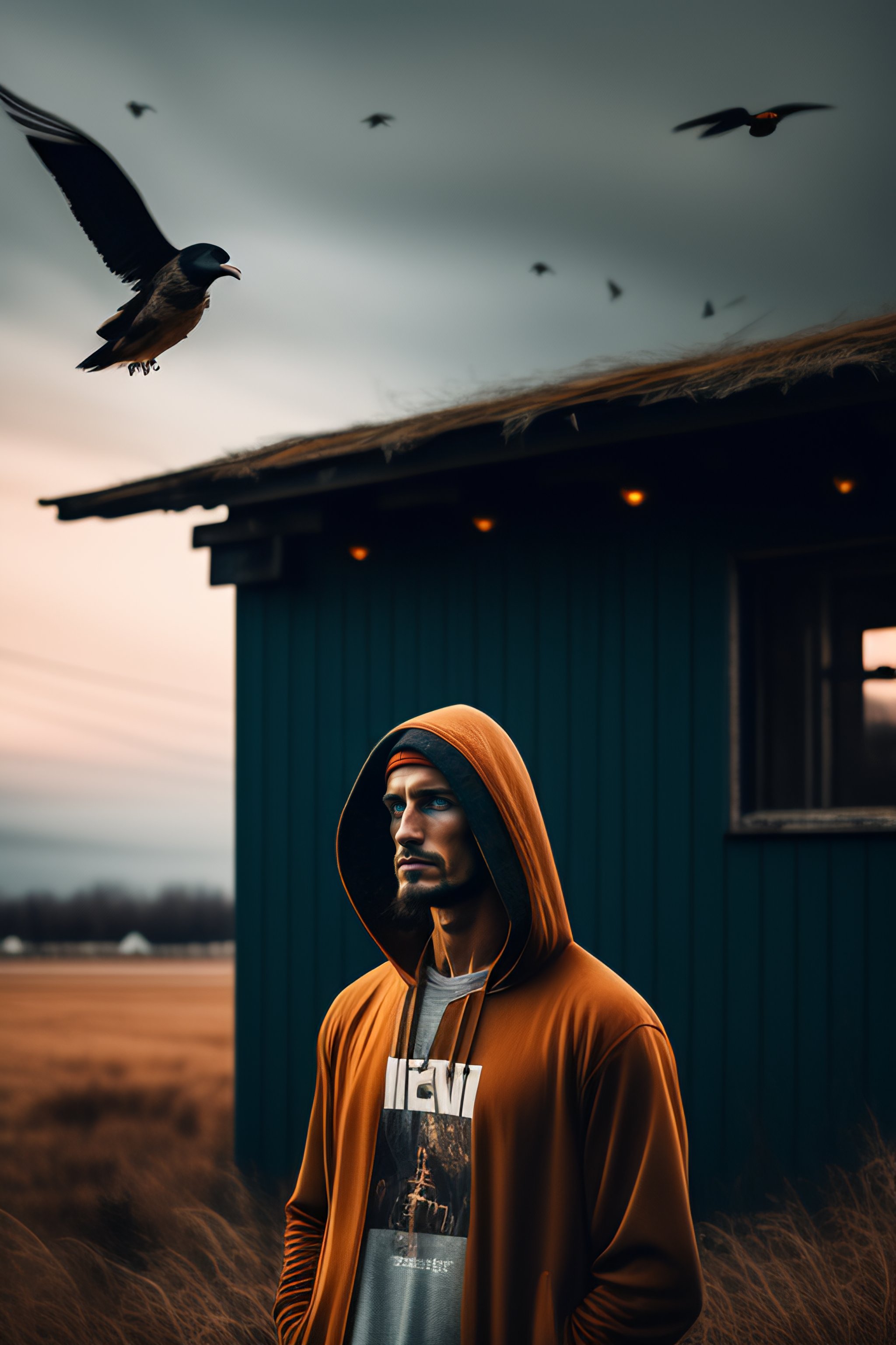 Lexica - Vertical film frame, junkie guy, wearing a hoodie on his head ...