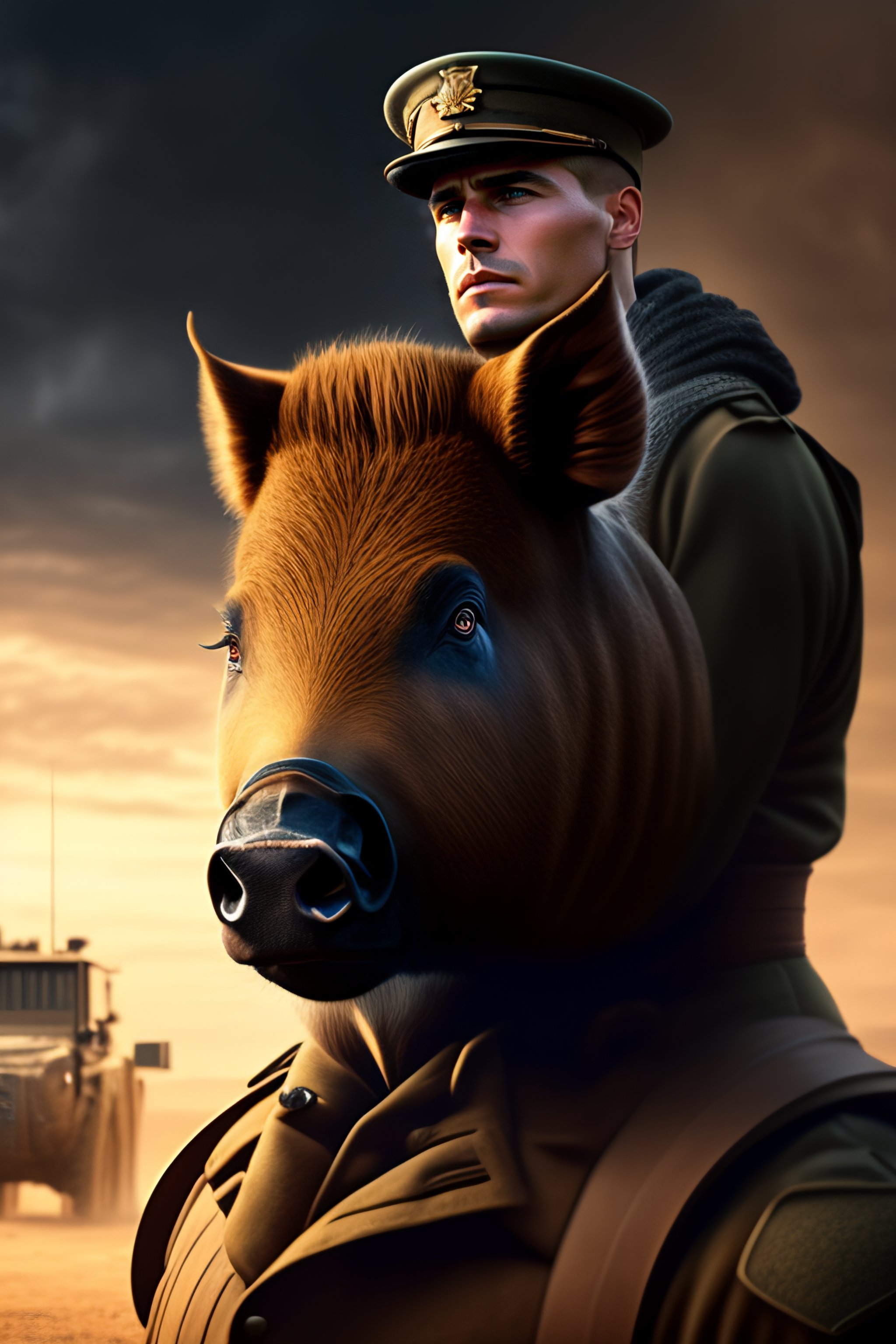 Lexica - Image of a 1800 soldier shapeshifting into an boar