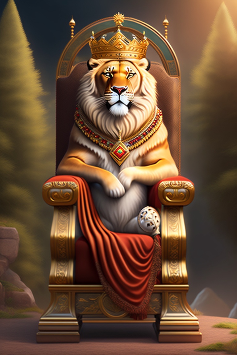 Lexica - King Lion sitting on throne, with crown, in jungle, lions ...