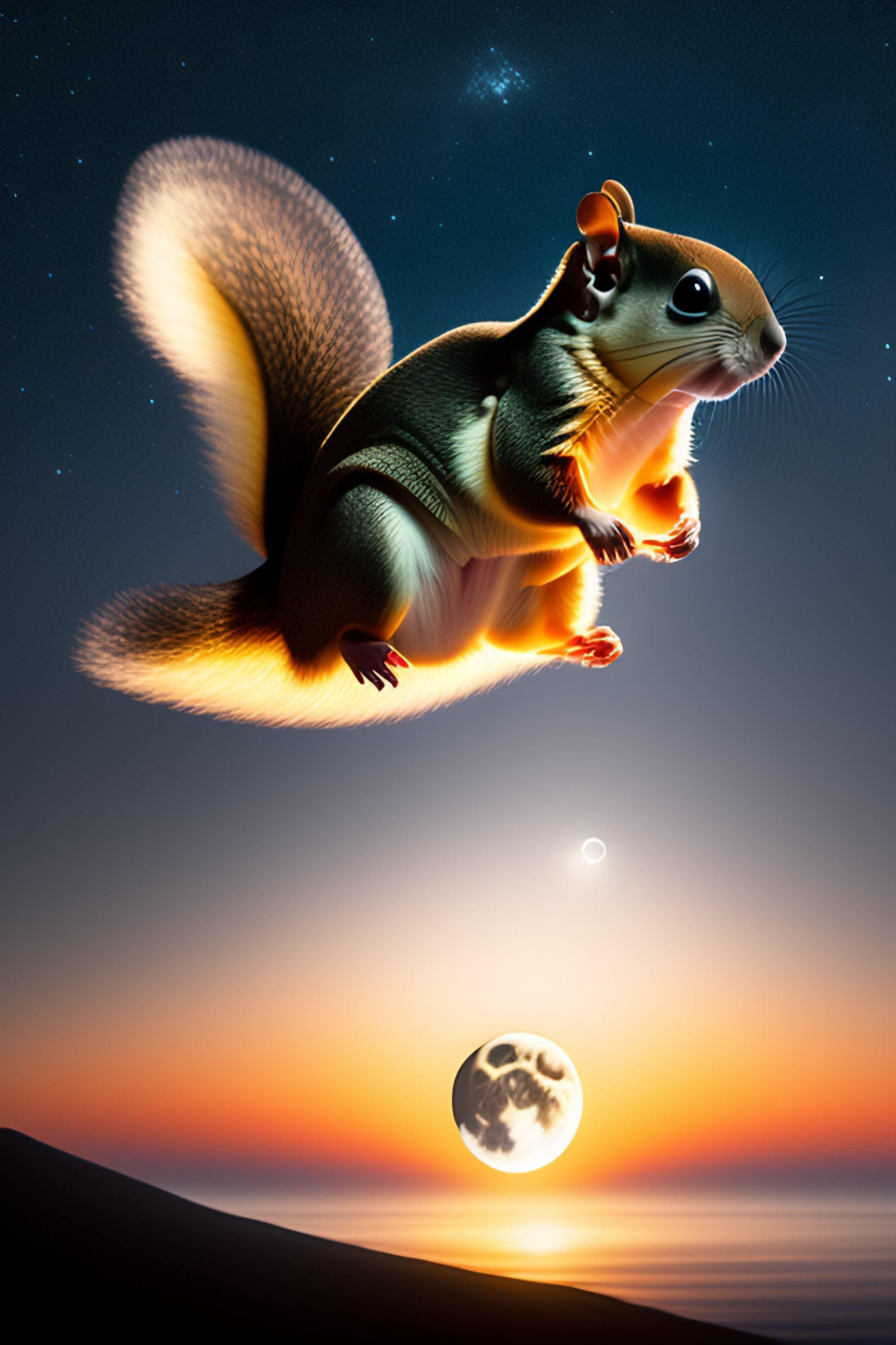 Lexica - A flying squirrel landing in a night with a moon