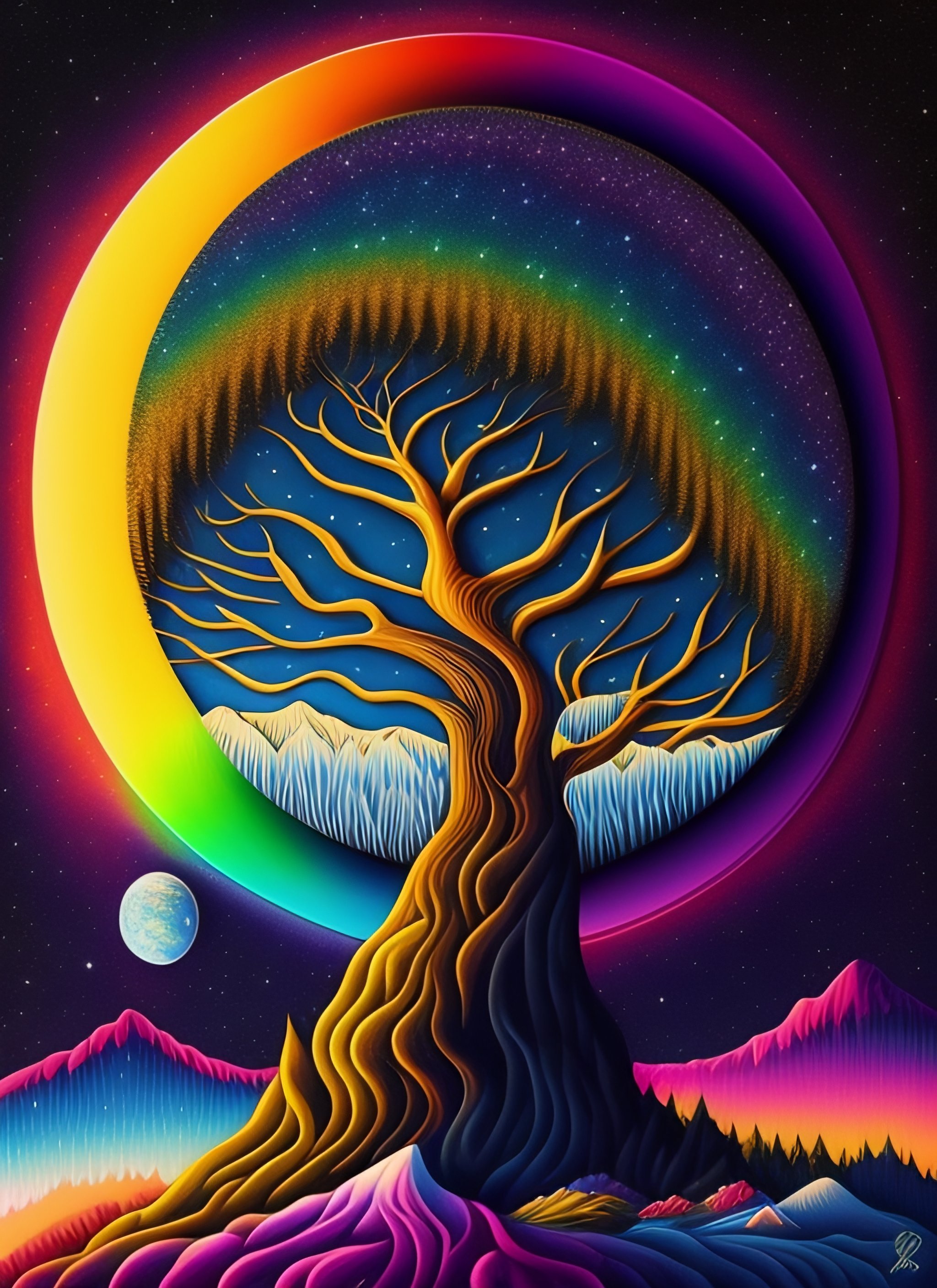 Lexica - Pen drawing of a tree on the moon, outer space, rainbow colors ...
