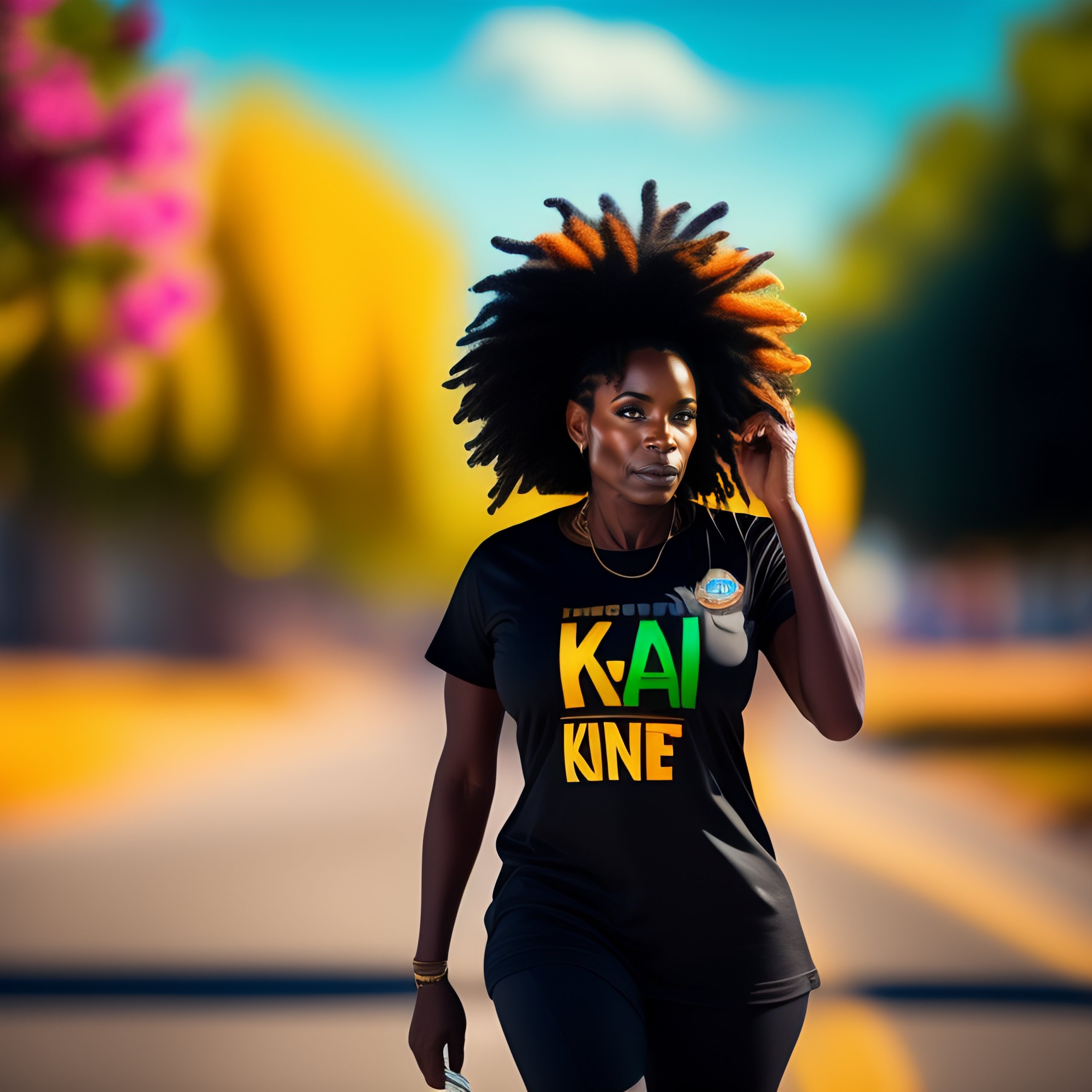 Lexica - Black rasta woman in a TSHIRT, walking away with her hand held ...