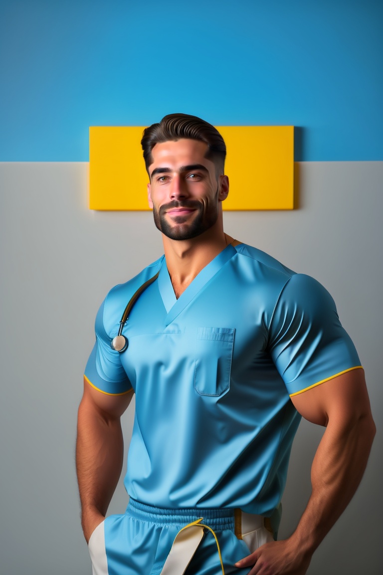 Lexica - A male doctor with an athletic physique, donning blue scrubs ...