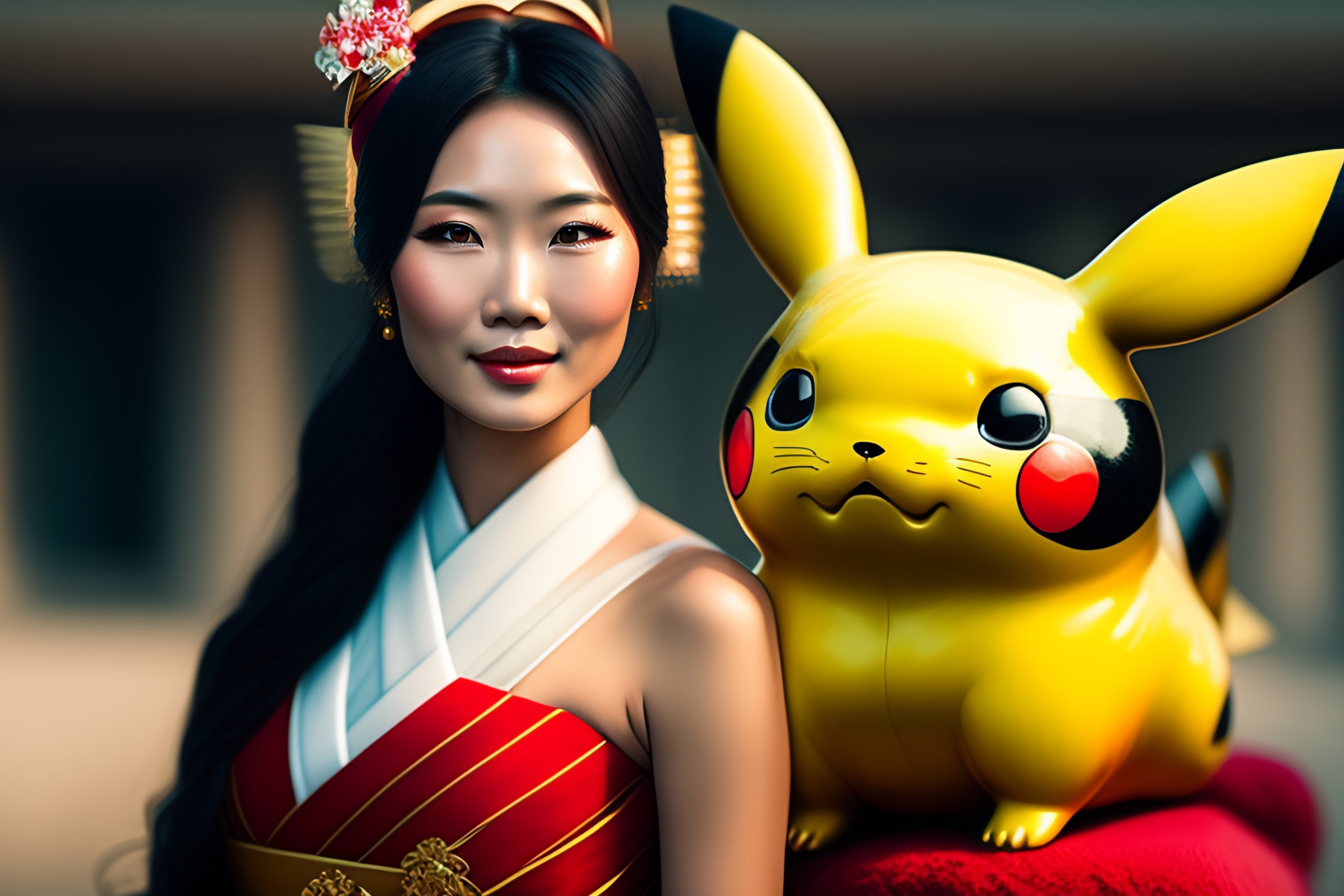Lexica - A beautiful asian geisha holding a pikachu