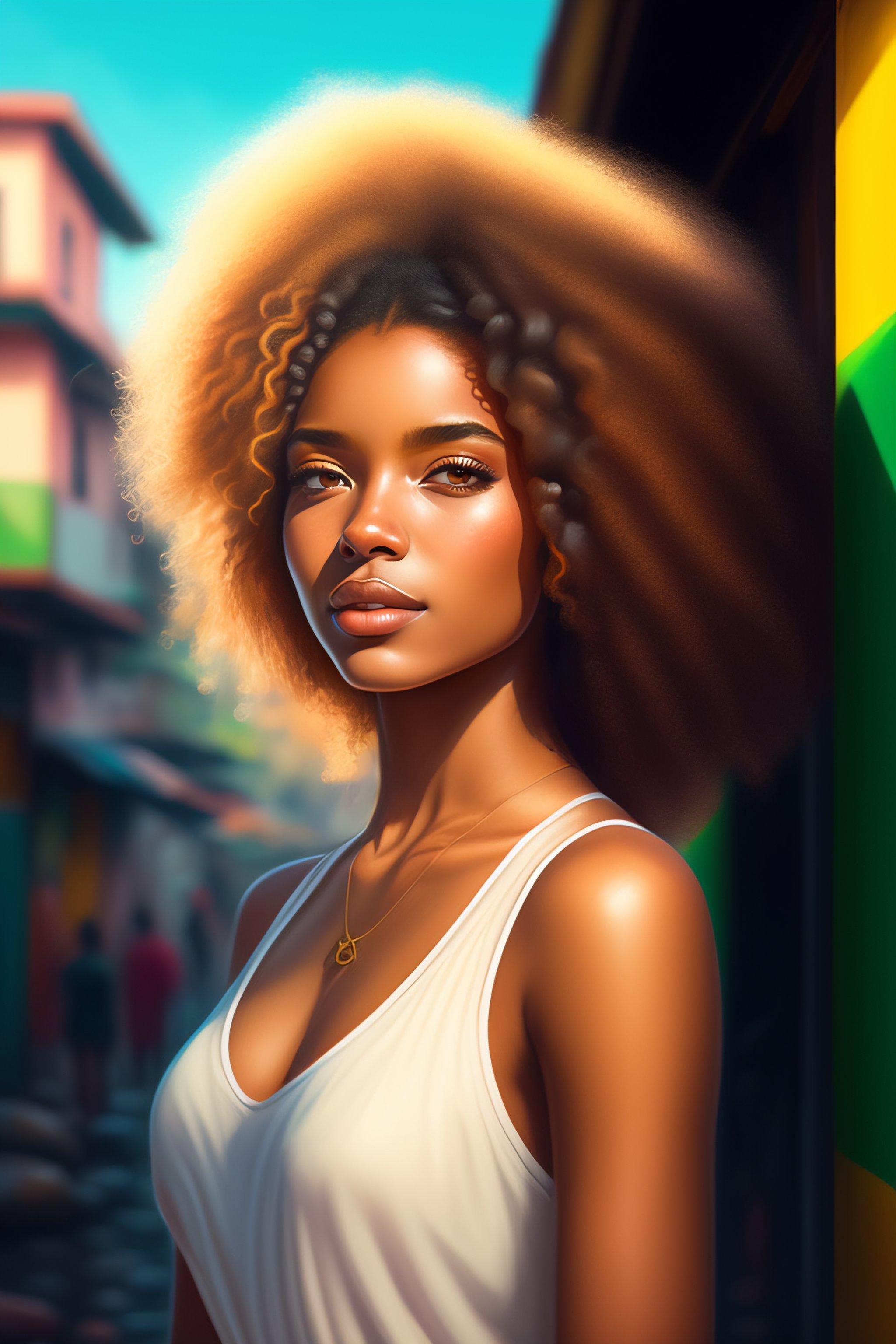 Lexica - Elegant girl brazilian blonde curly hair in urban outfit in favela do brazil, cute fine ...