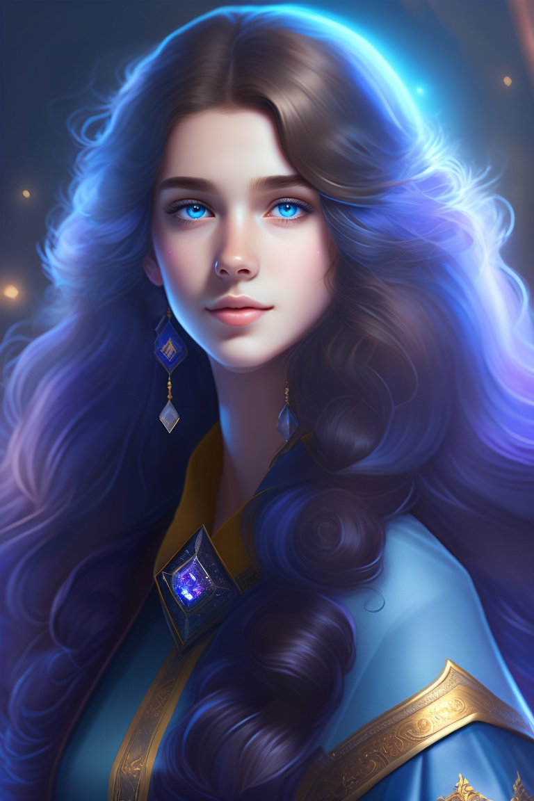 Lexica - 15 year old girl, curly dark brown hair, blue eyes, witch ...