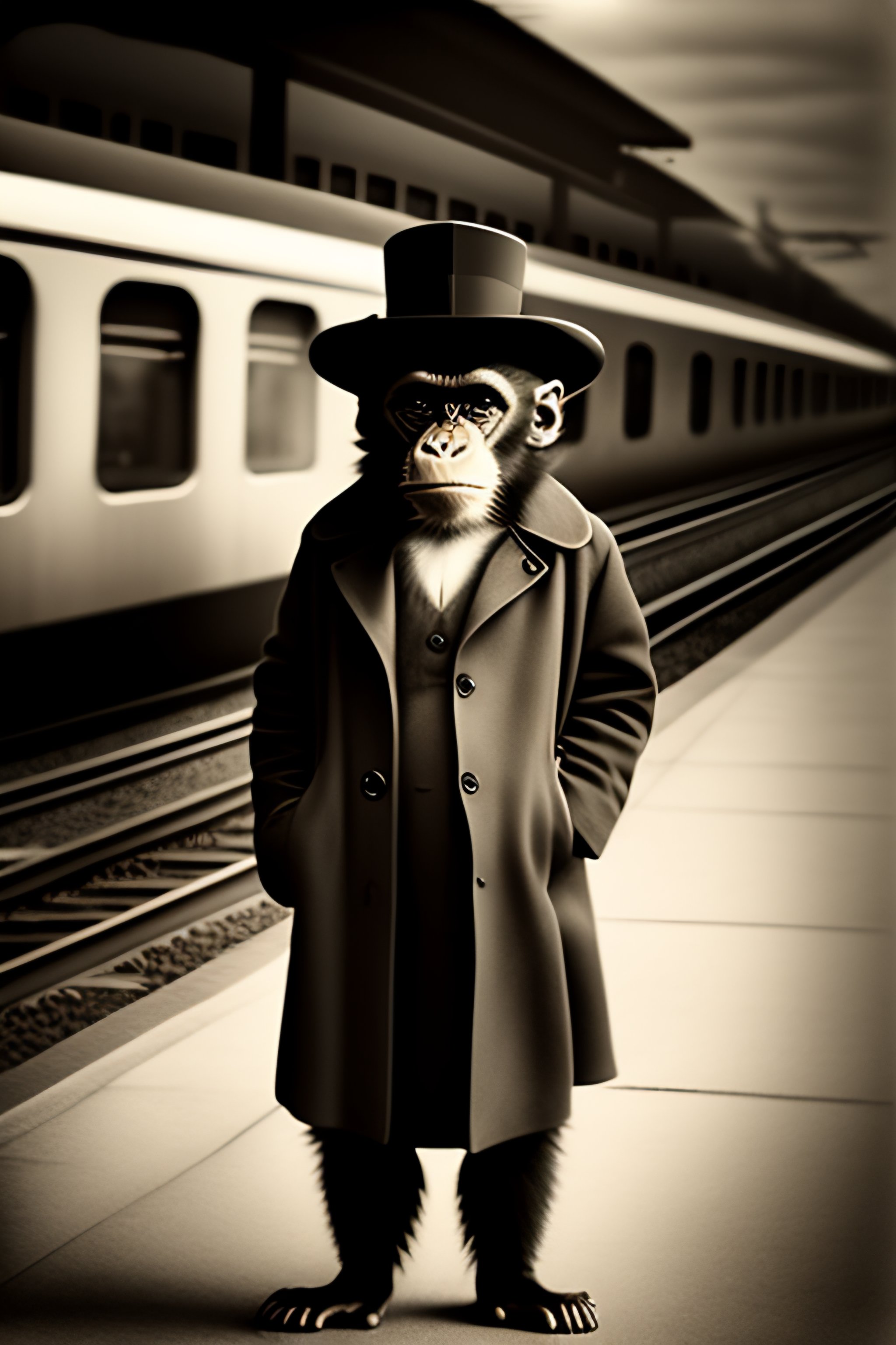 Lexica - A monkey wearing a conductors hat standing at a train station ...