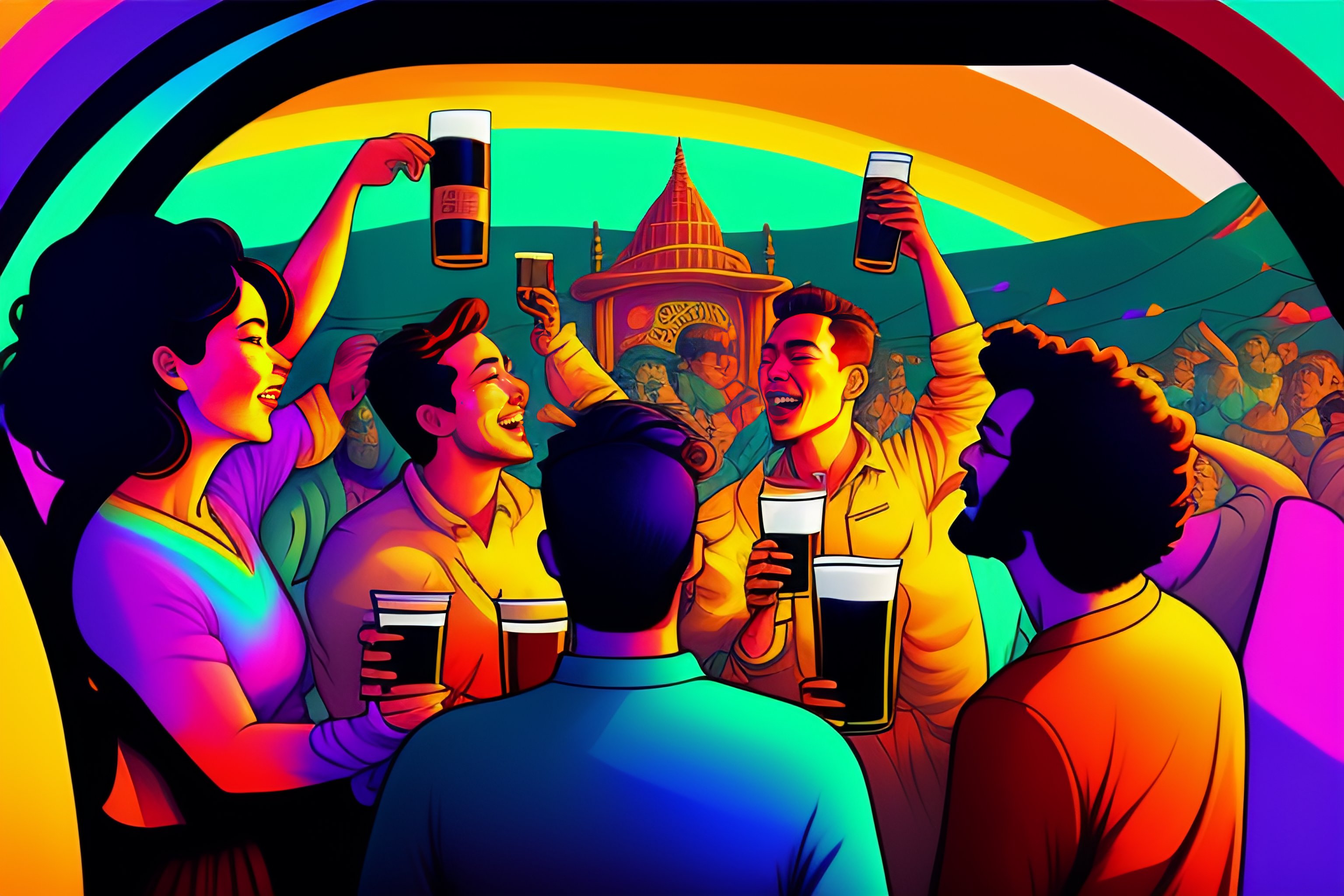 Lexica - Friends cheer with beer in a bar, rainbow colors, gay ...