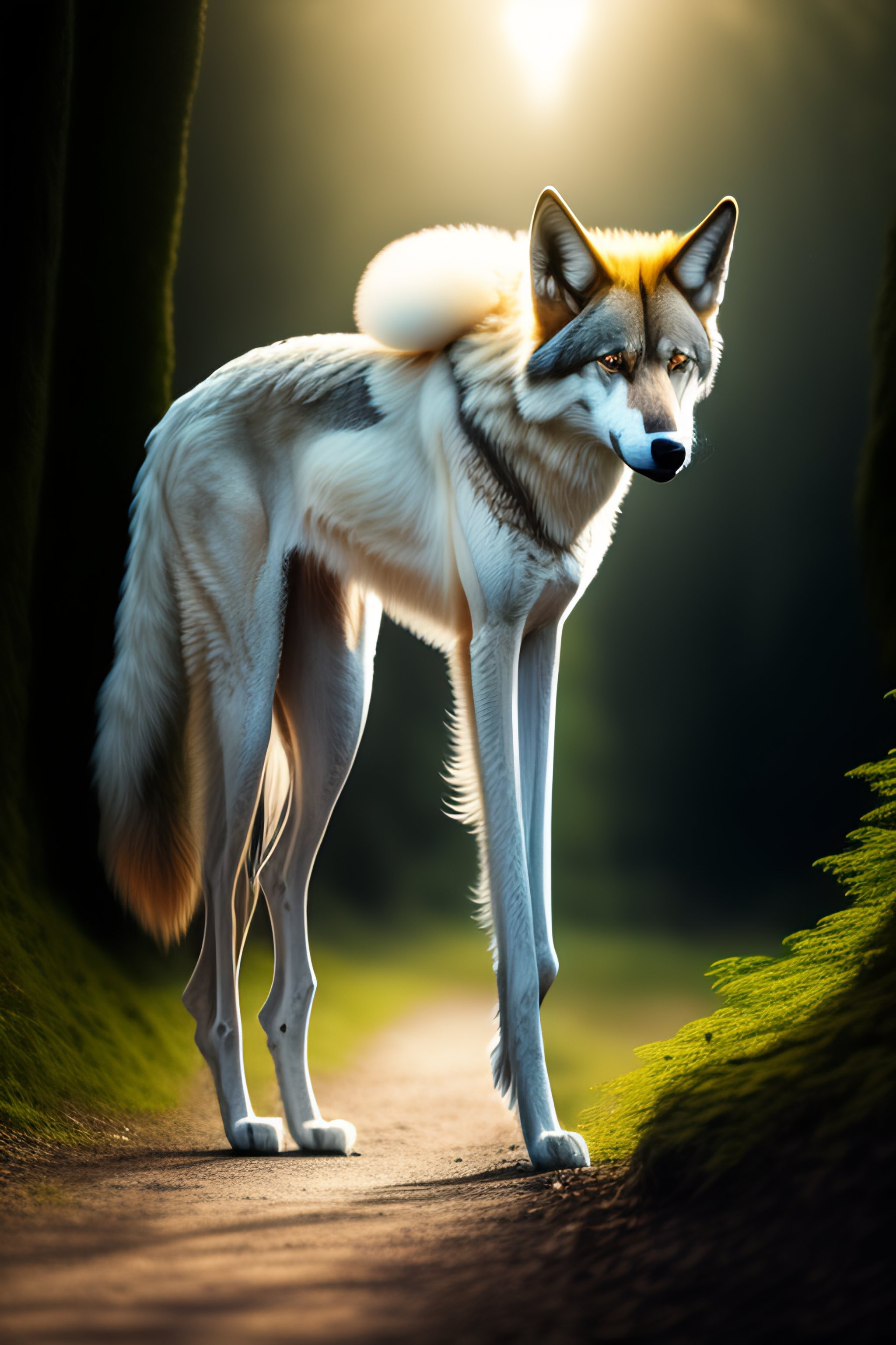 Lexica - Tall very emaciated wolf wearing stilts, dirty white fur, she ...