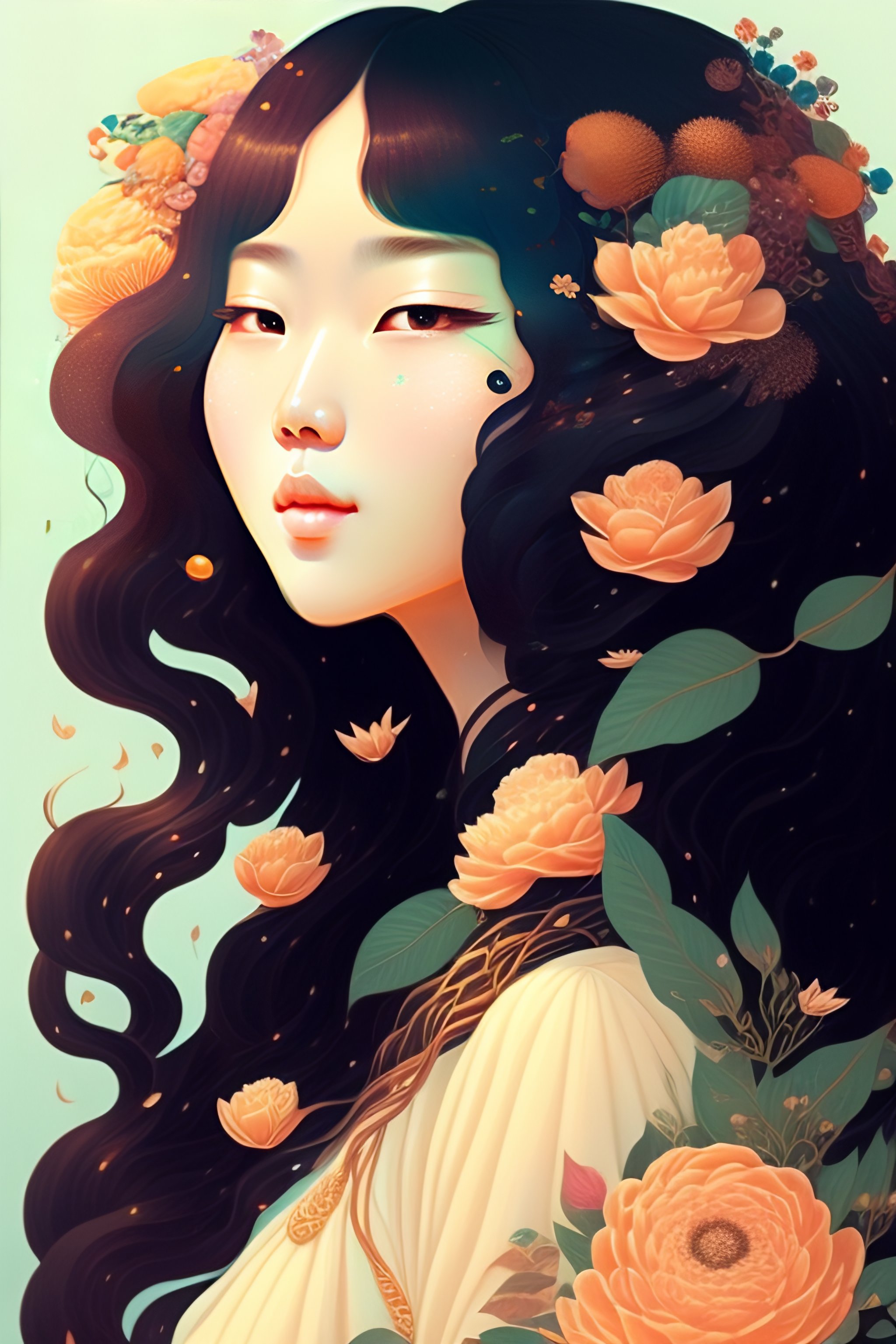 Lexica - Beautiful cute front portrait Korean ninfa, big long curly ...