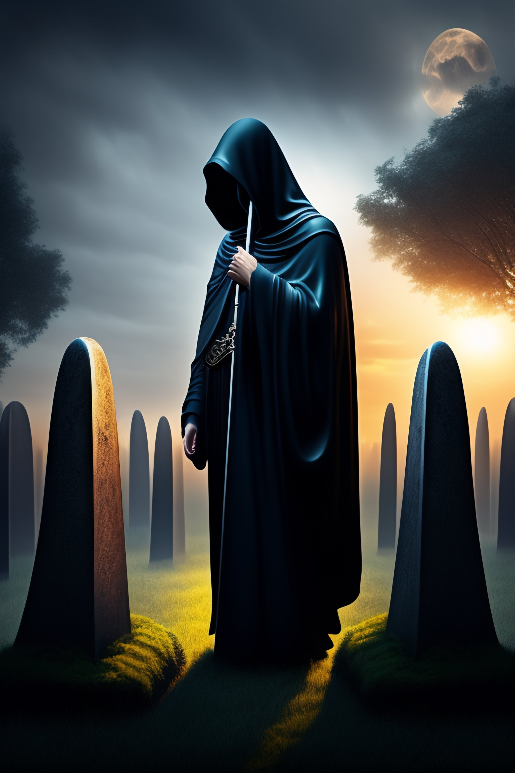 Lexica - The grim reaper, graveyard background, realistic
