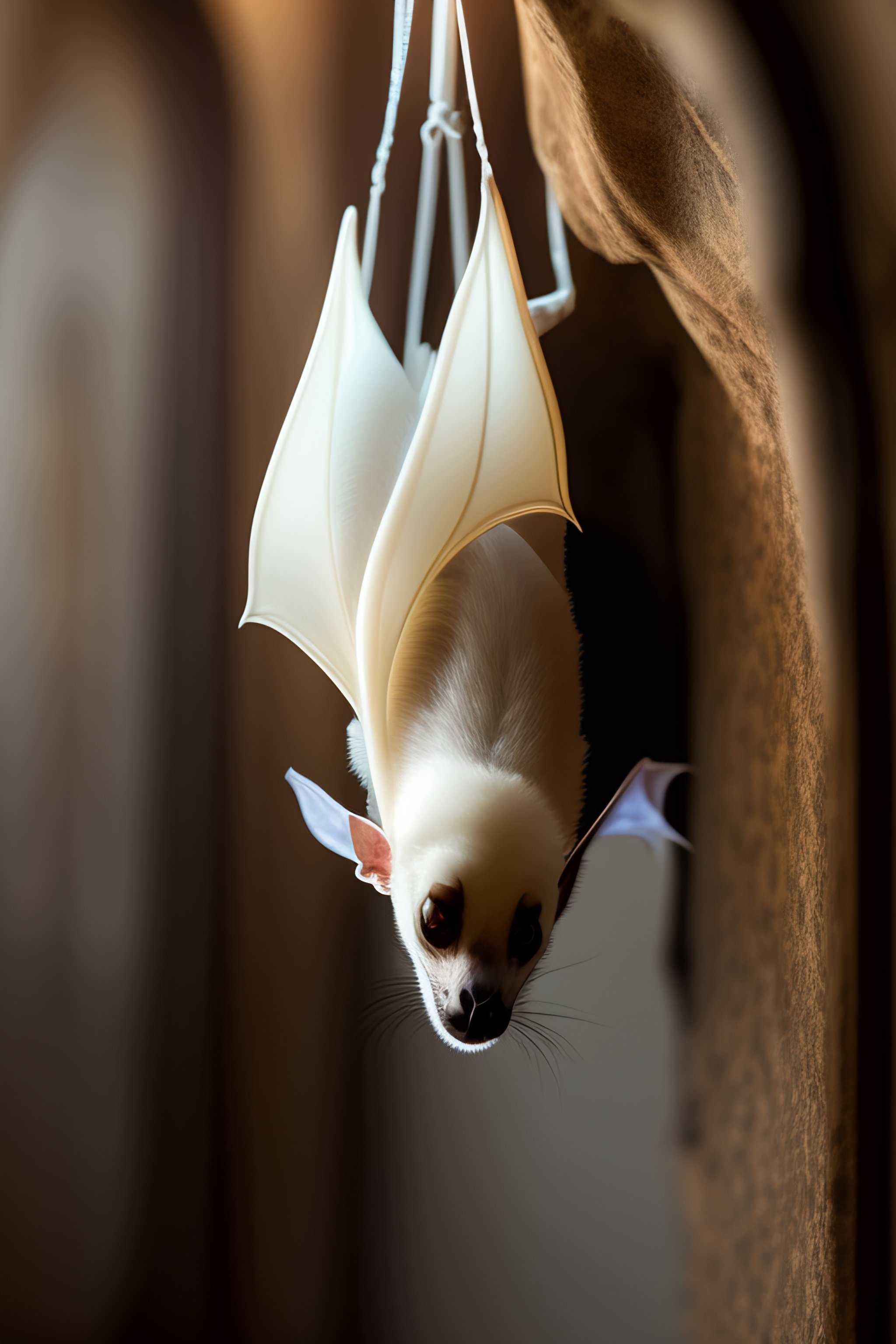Lexica - A white skeleton-looking bat, hanging upside down, full body ...