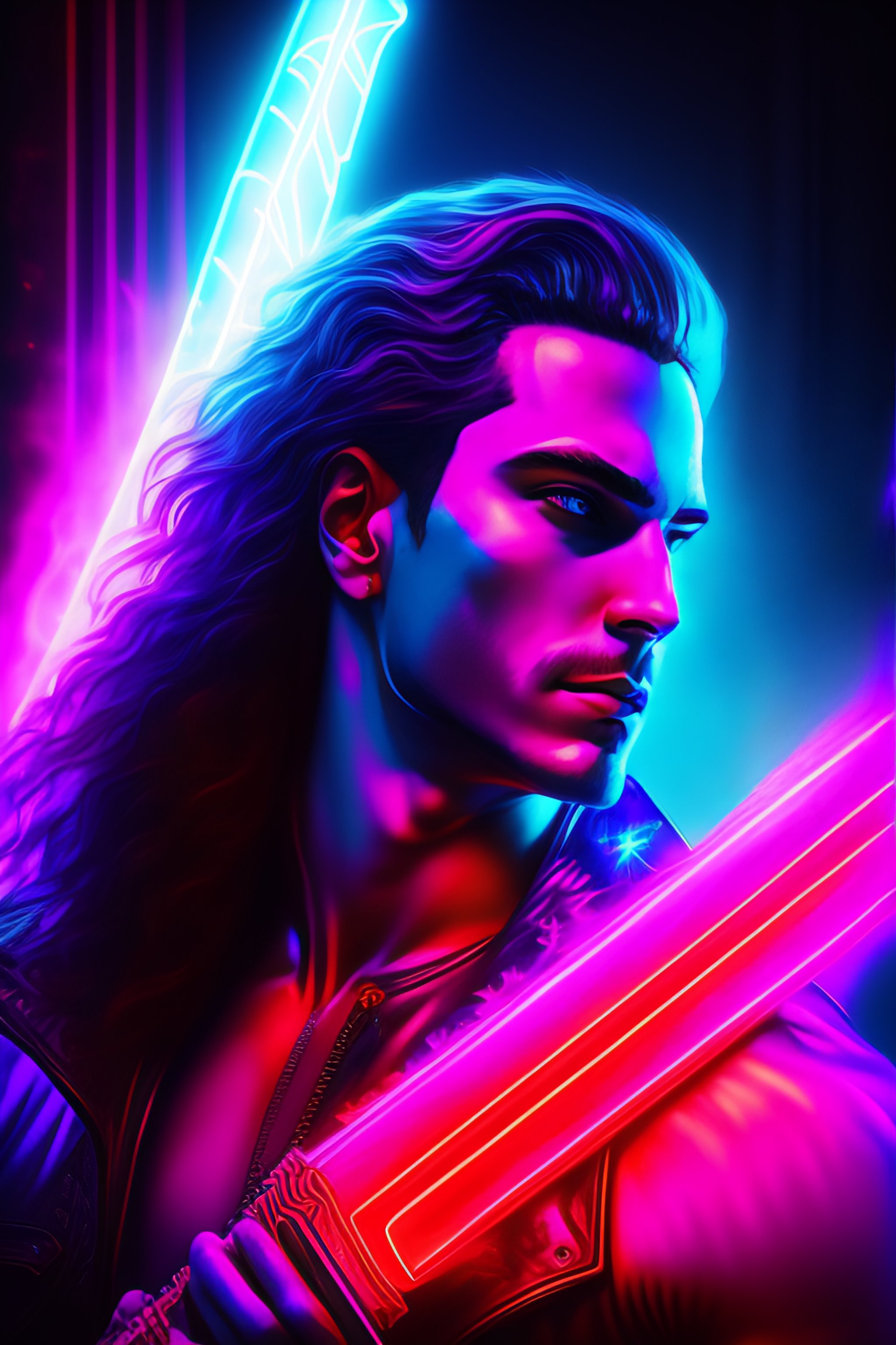 Lexica - Synthwave Portrait of demon holding nether sword. Neon lights