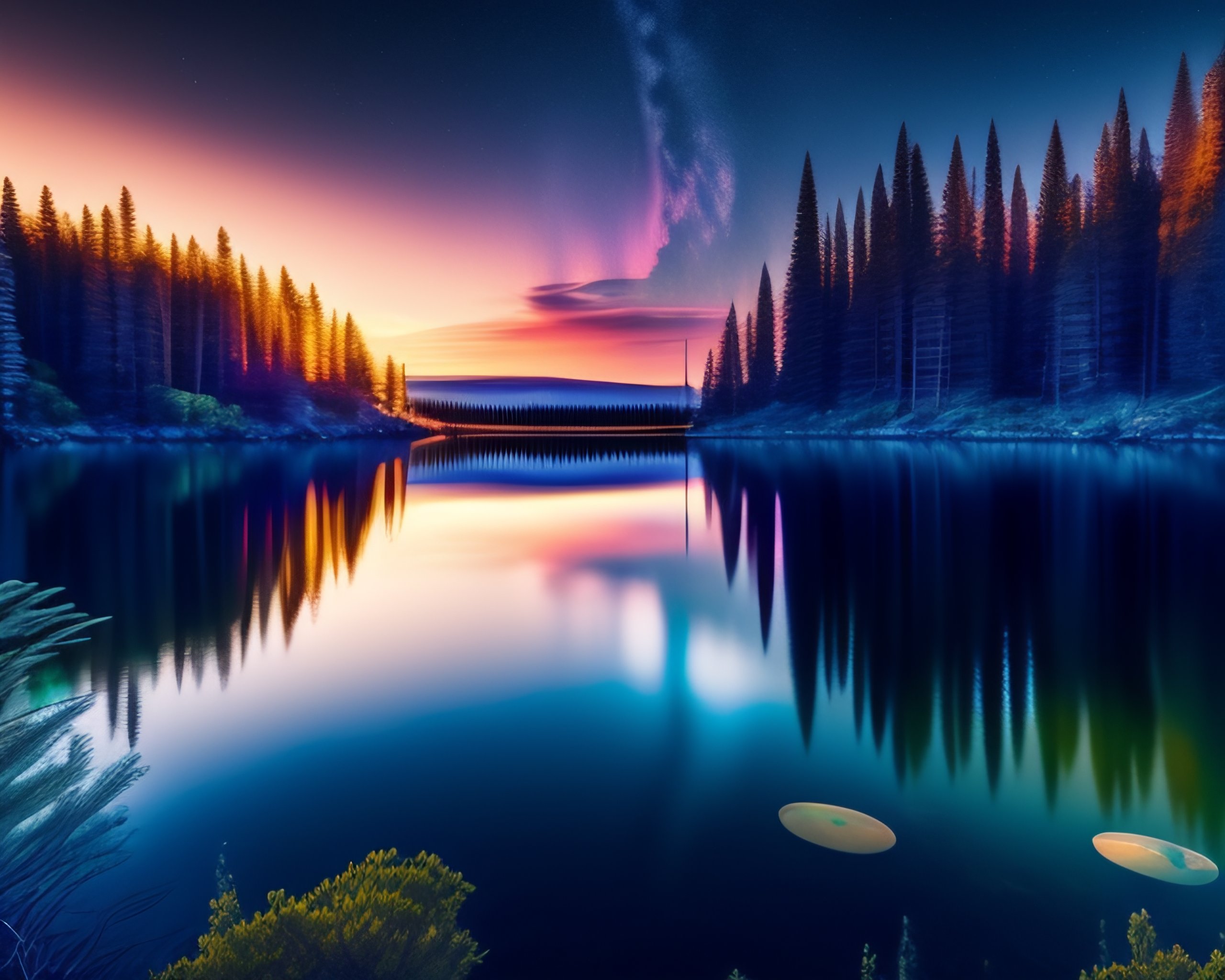 Lexica - A beautiful northern lake at night with pine trees, logs, lily ...