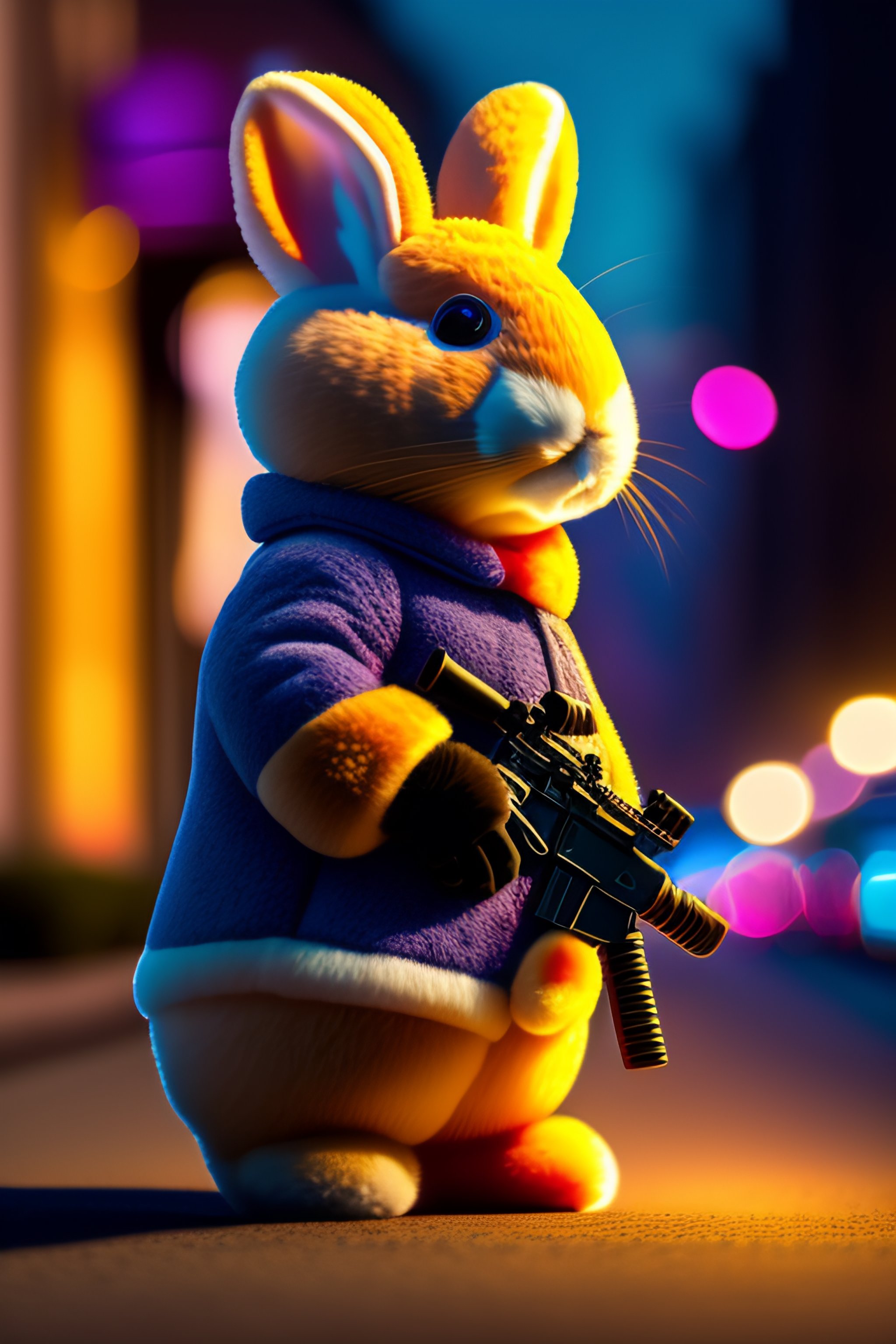 Lexica - Plush rabbit with gun and sunglasses in front of bank robbing ...