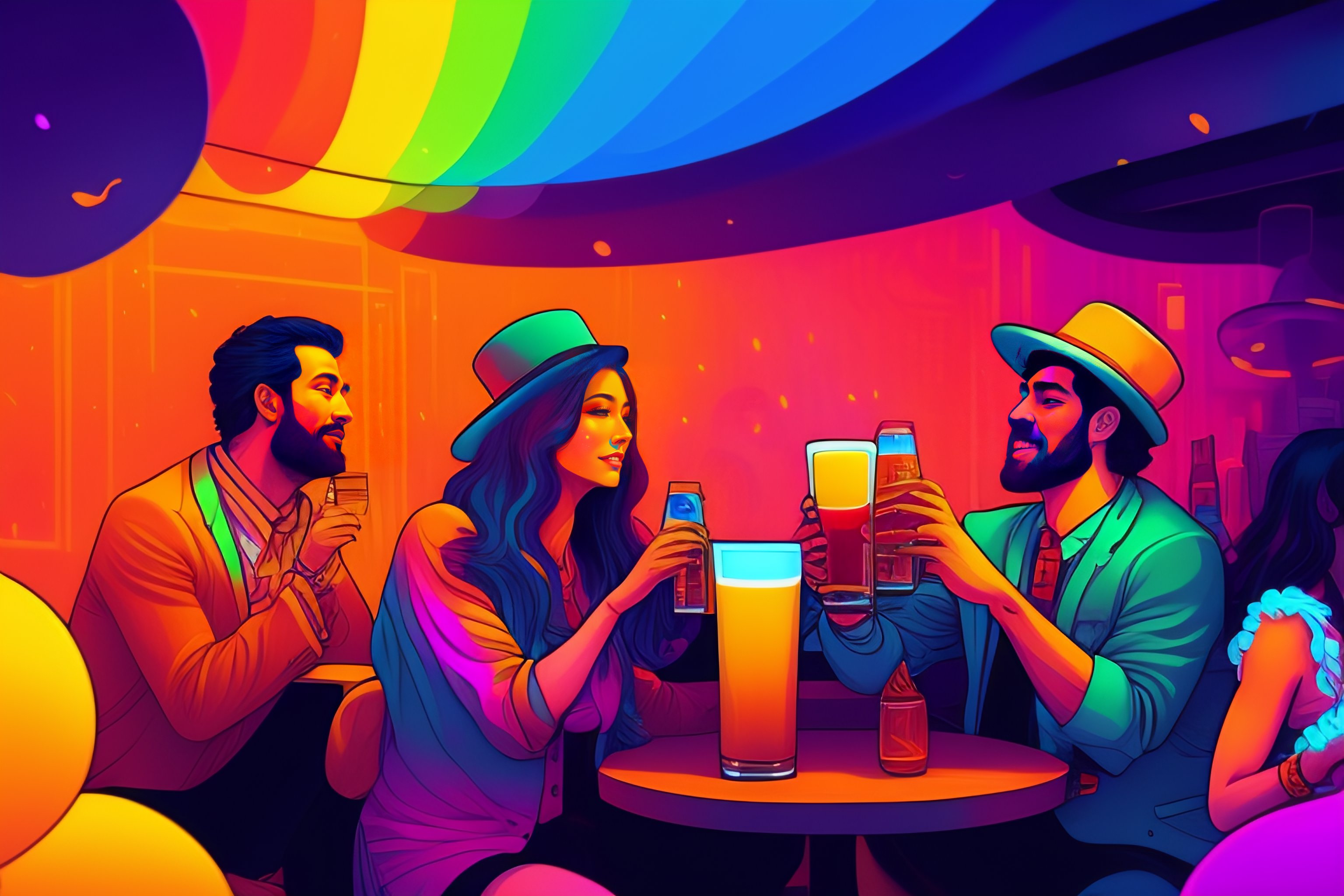 Lexica - Friends cheer with beer in a bar, rainbow colors, gay ...