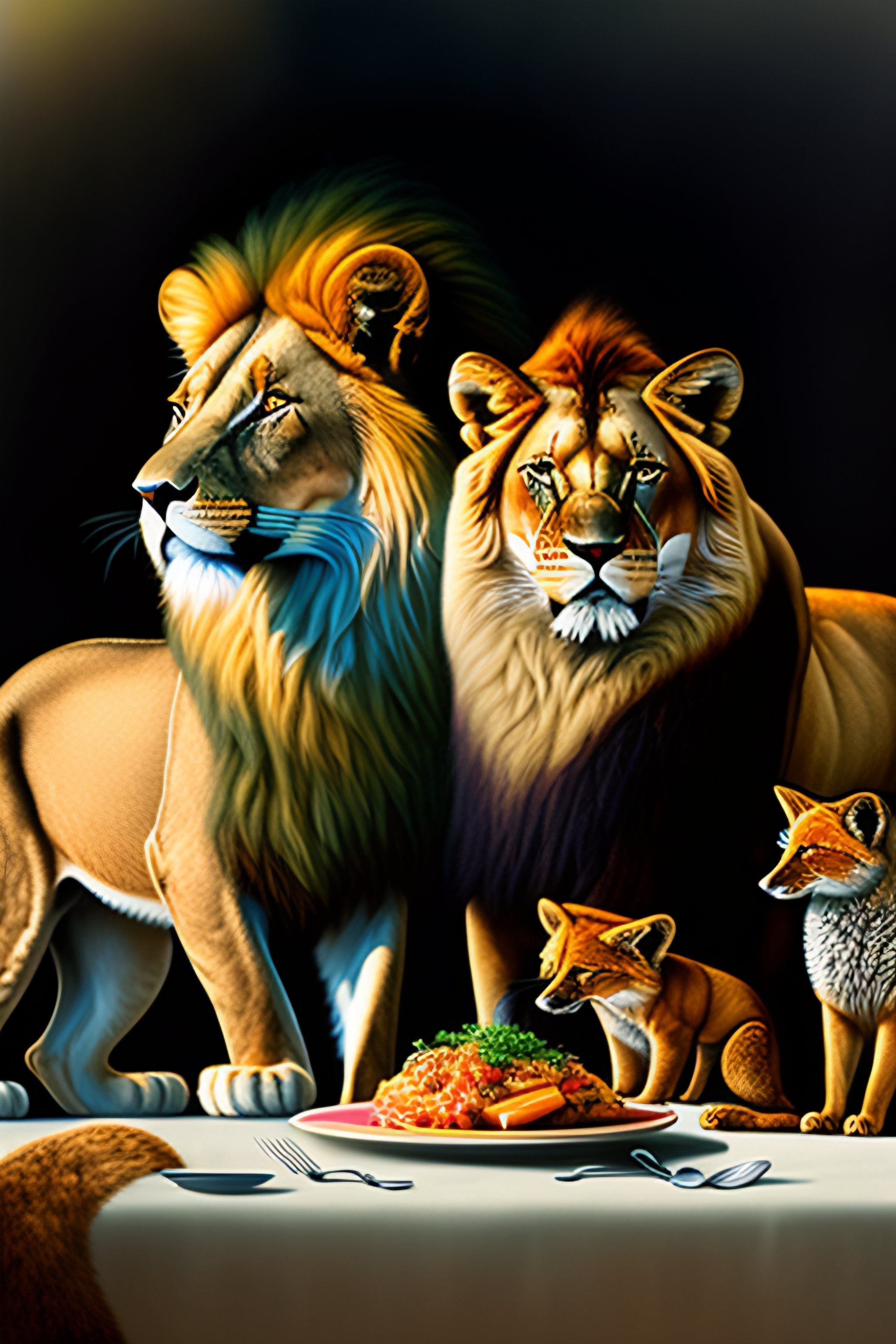 Lexica - A family meal of a lion and foxes