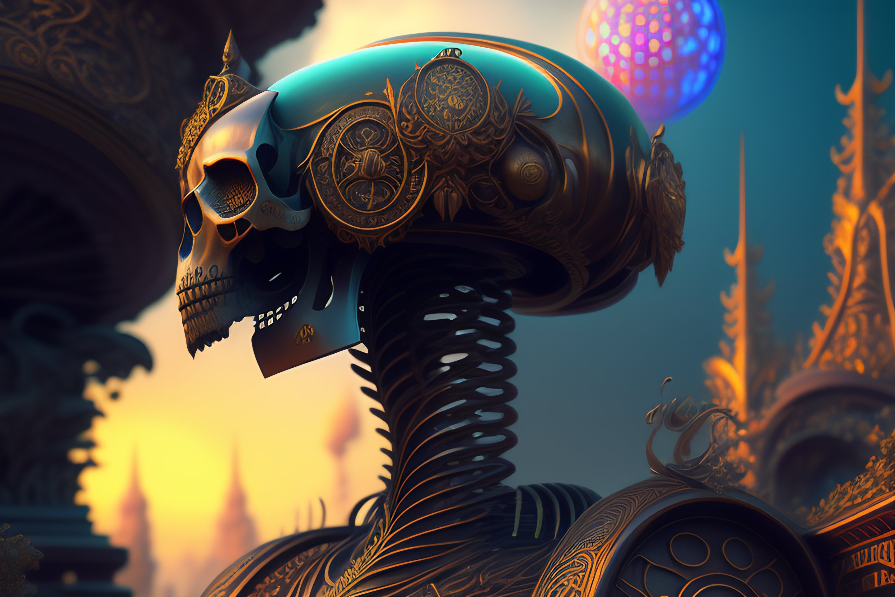 Lexica - A carved overgrown statue of a skelleton, robot, extremly ...