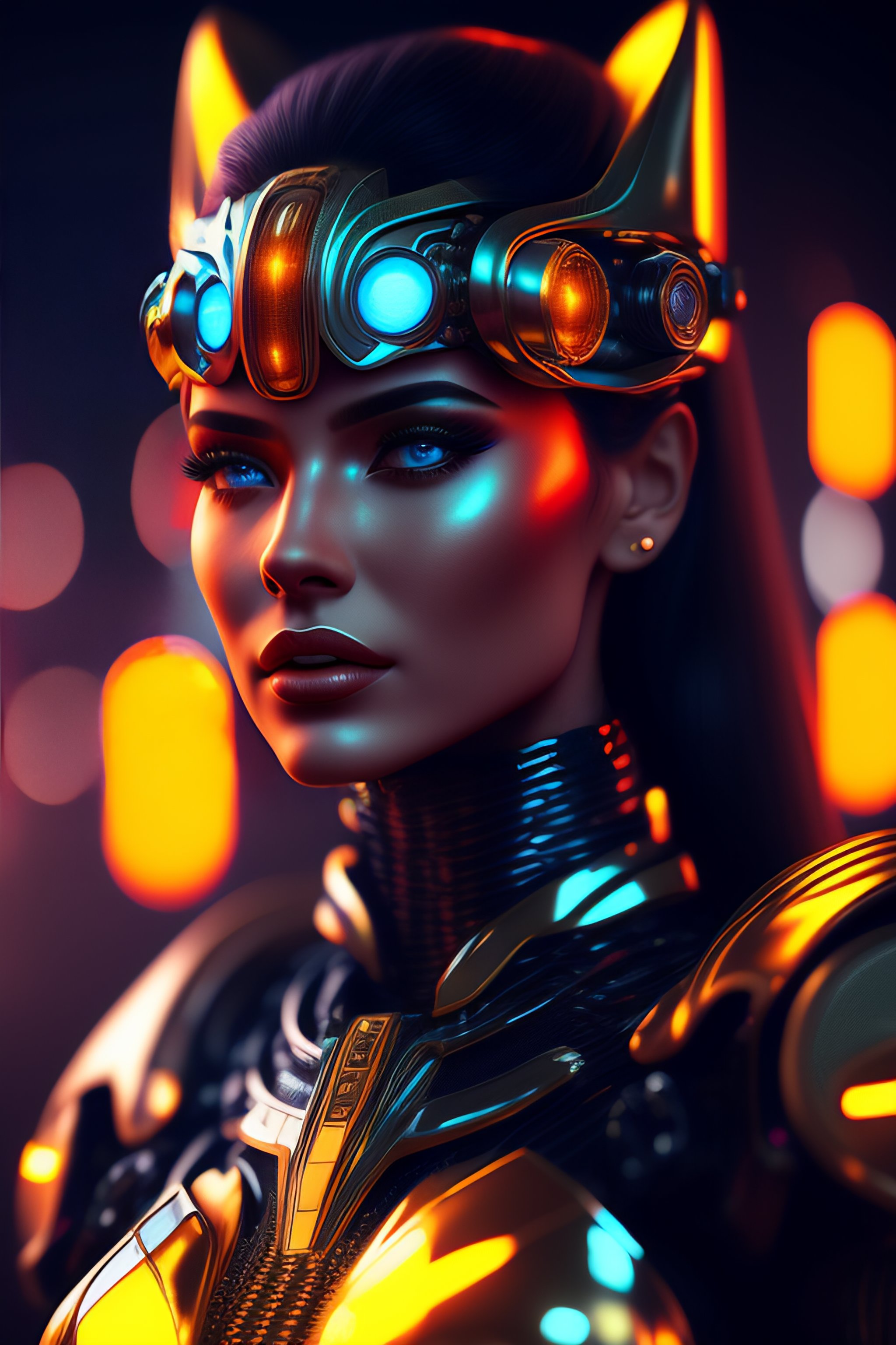 Lexica - Robot, female cyborg, high tech, ornaments, neon glow colors ...