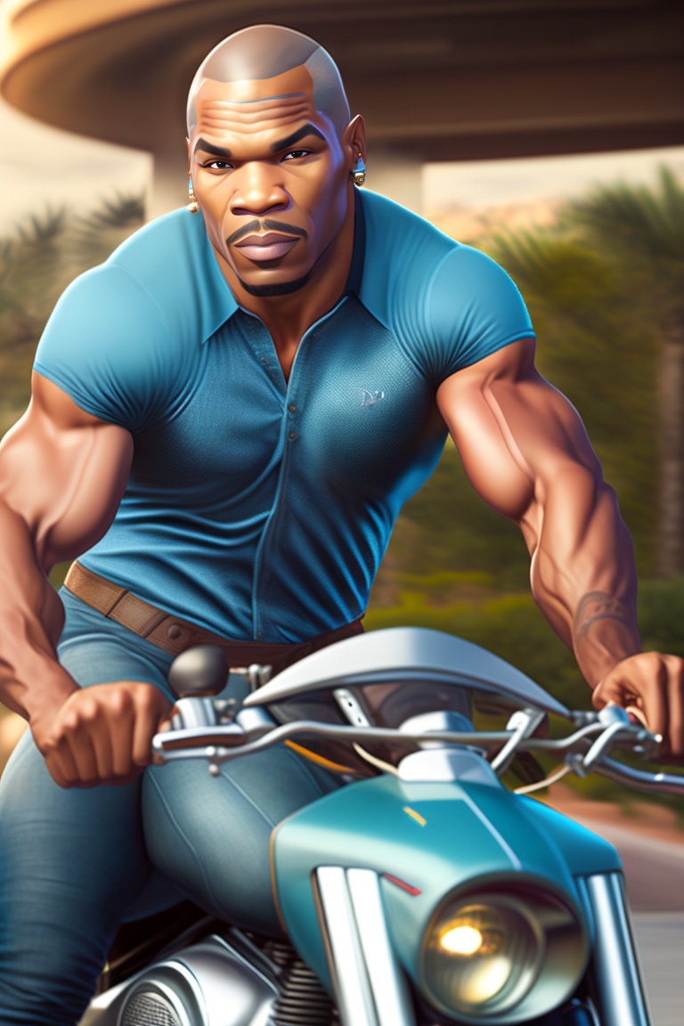 Lexica - Mike Tyson , riding a motorcycle, blue shirt