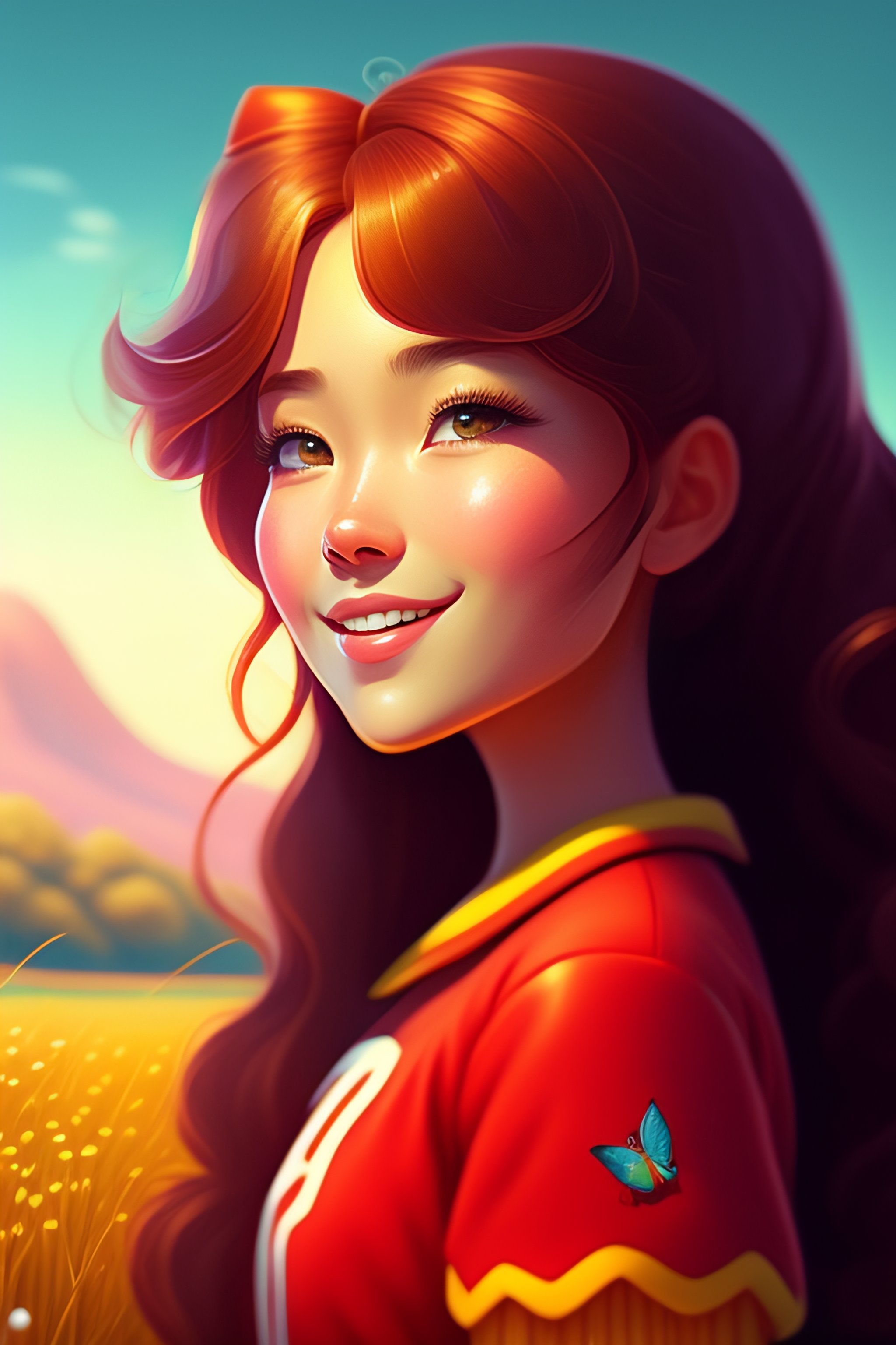 Lexica - View of gorgeous meadow with happy girl in red, animation pixar style, pendleton ward ...