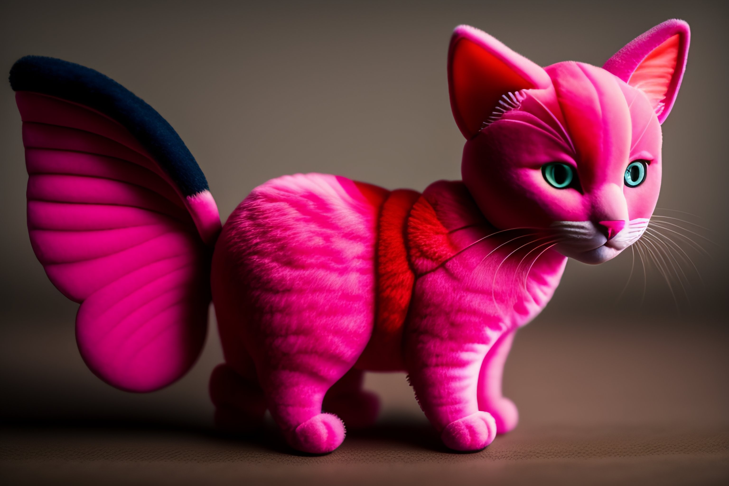 Lexica - A plush of a pink, black and red cat-like creature with wings ...