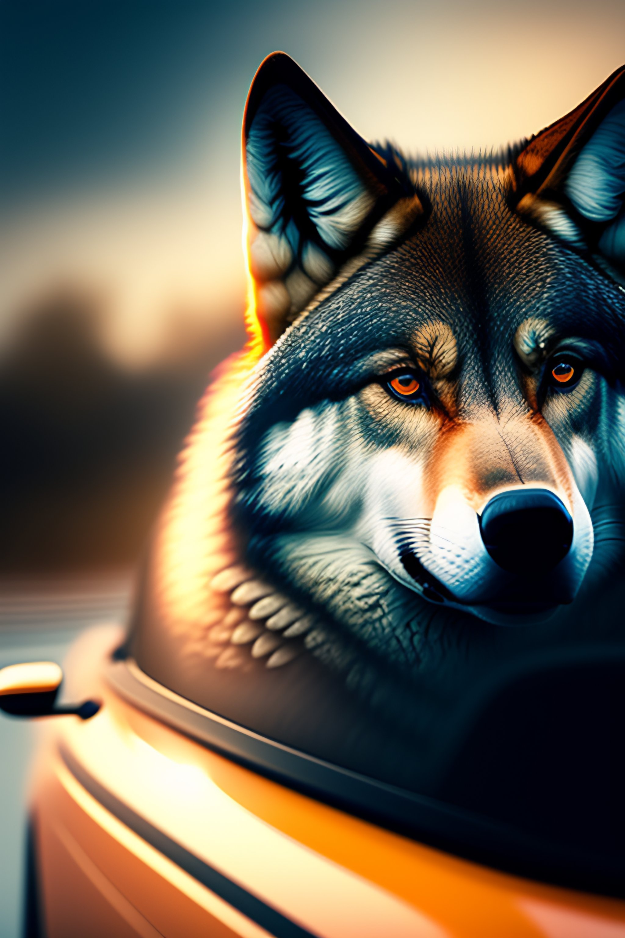 Lexica - An antropomorphic wolf driving inside a car,