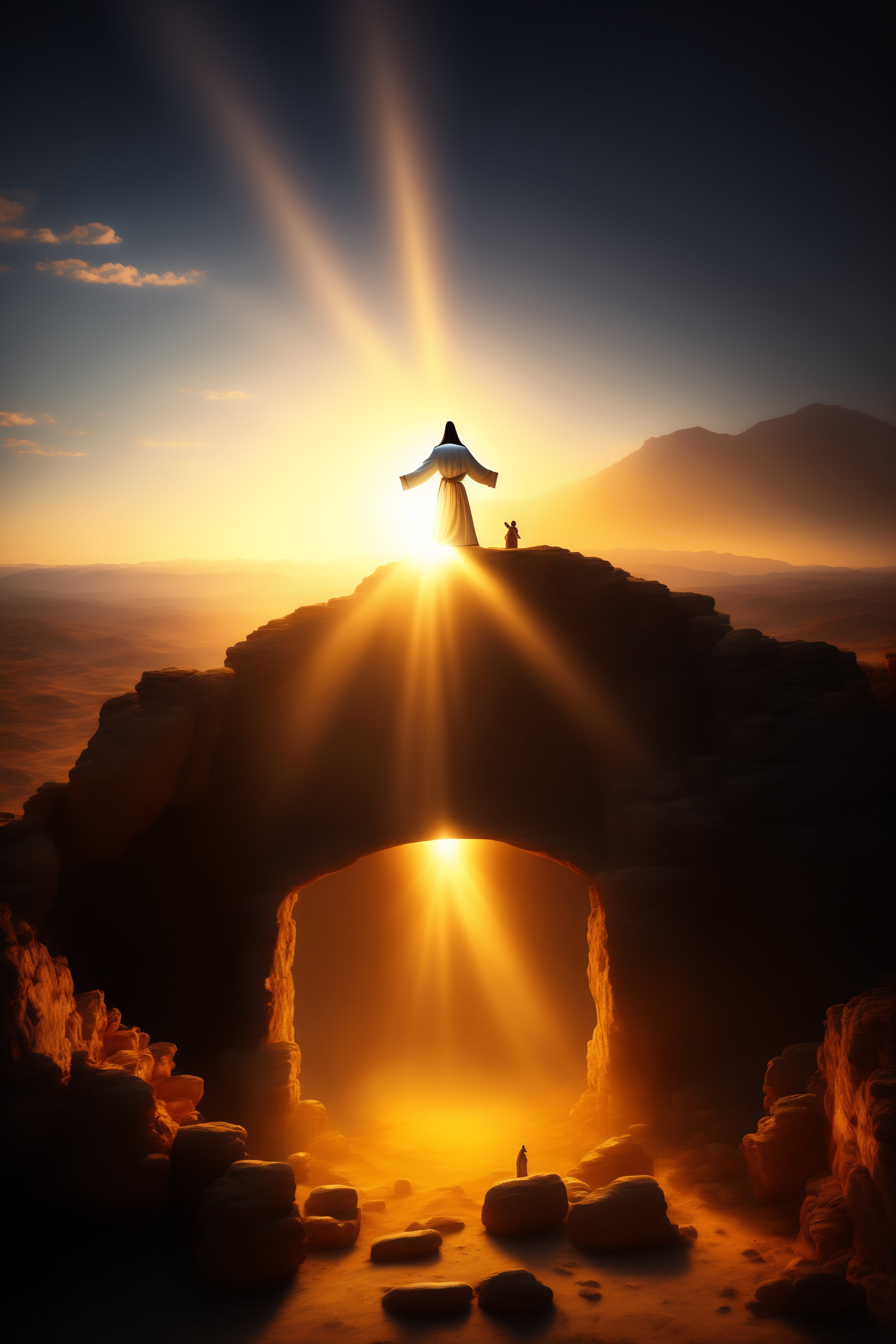 Lexica - Jesus resurrecting in the tomb, realistic, bright light, powerful