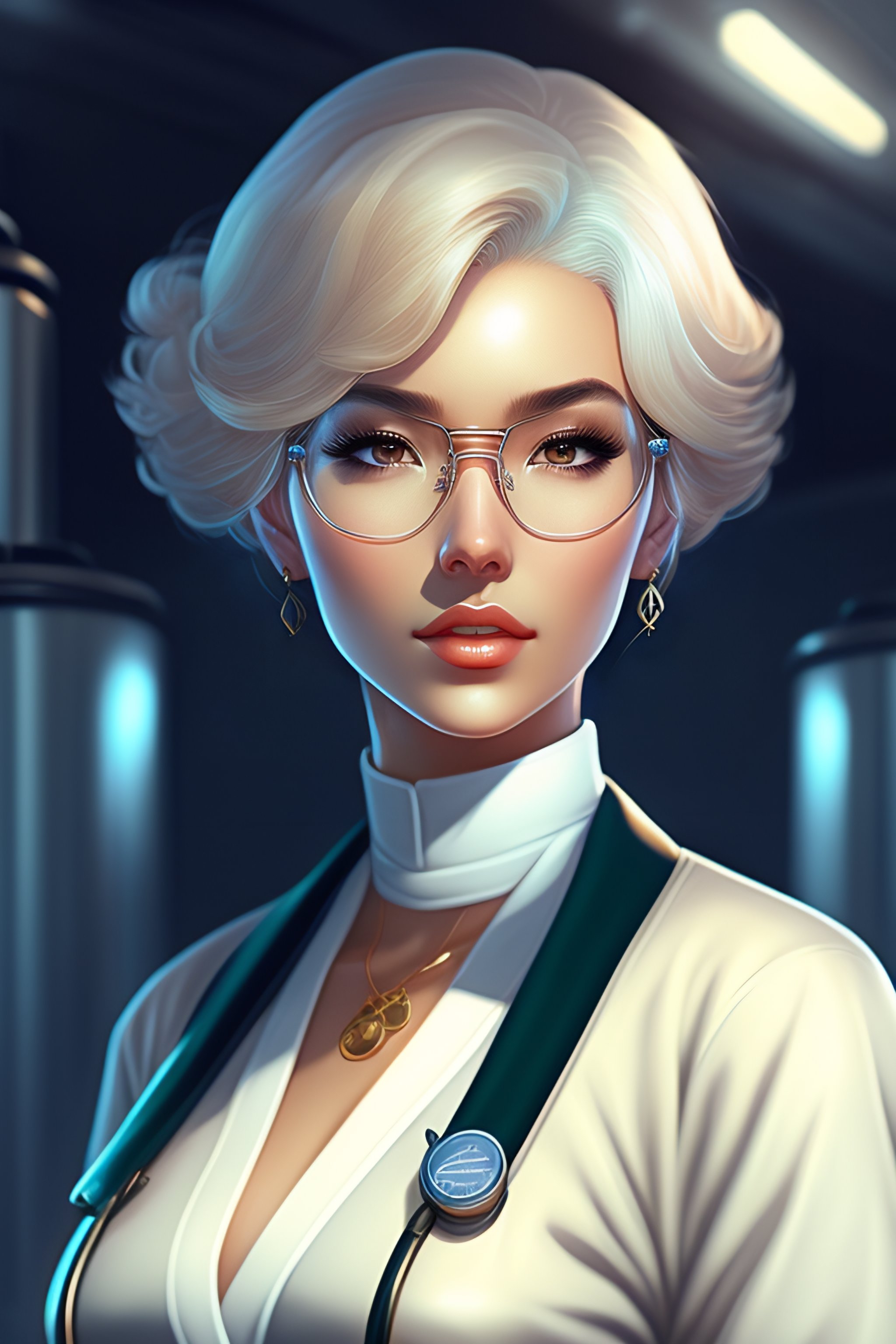 Lexica - Beautiful anime girl with short white hair, wearing lab coat ...