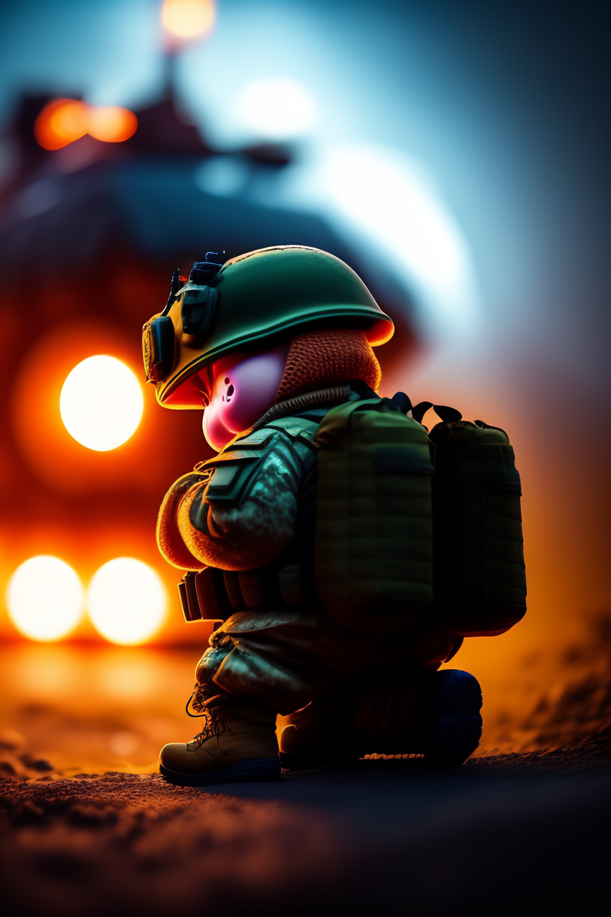 Lexica - An exhausted peppa pig at the frontlines in the army at night ...