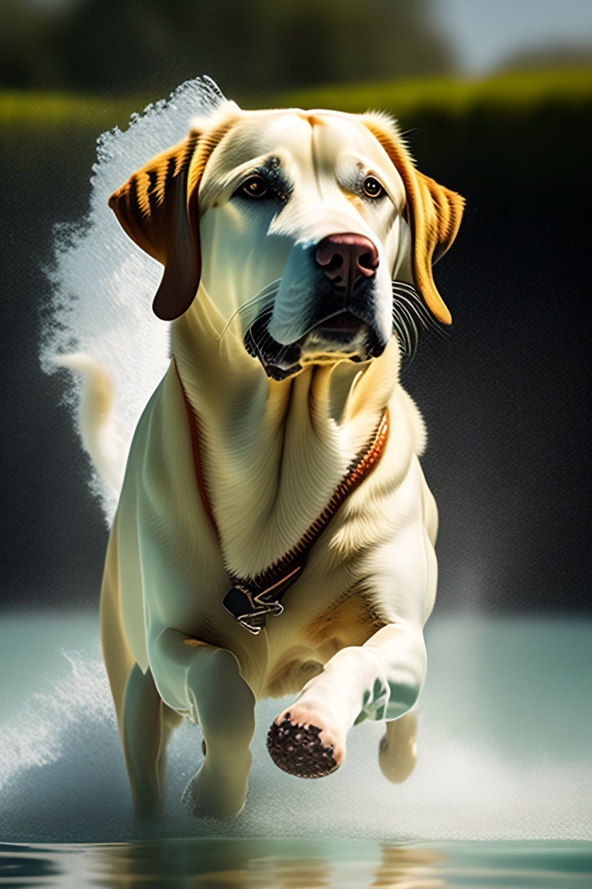 Lexica - A female Yellow lab jumping into a pool with an exciting face