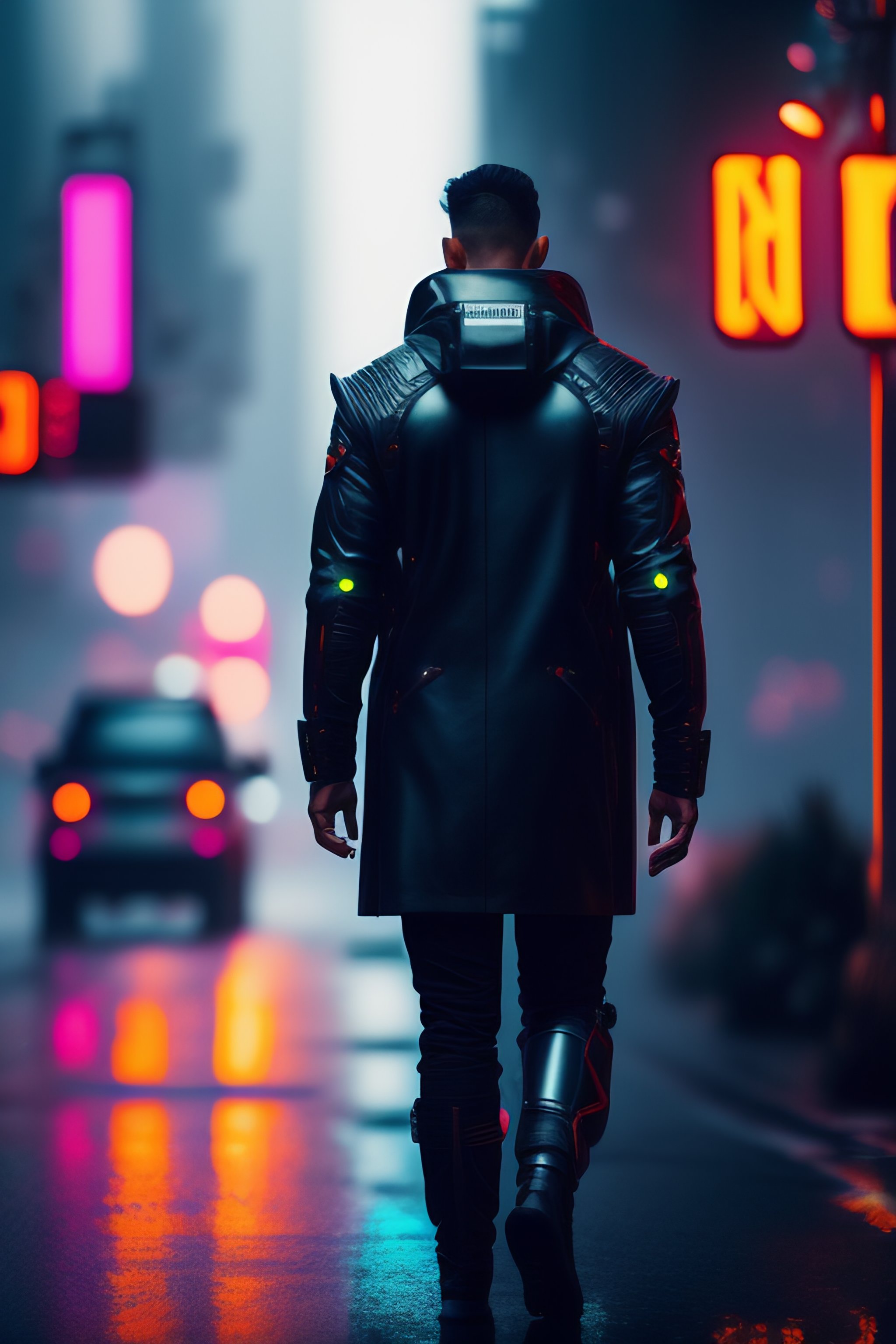 Lexica - Half cyborg, full body, in heavy rain, open road, neon lights ...