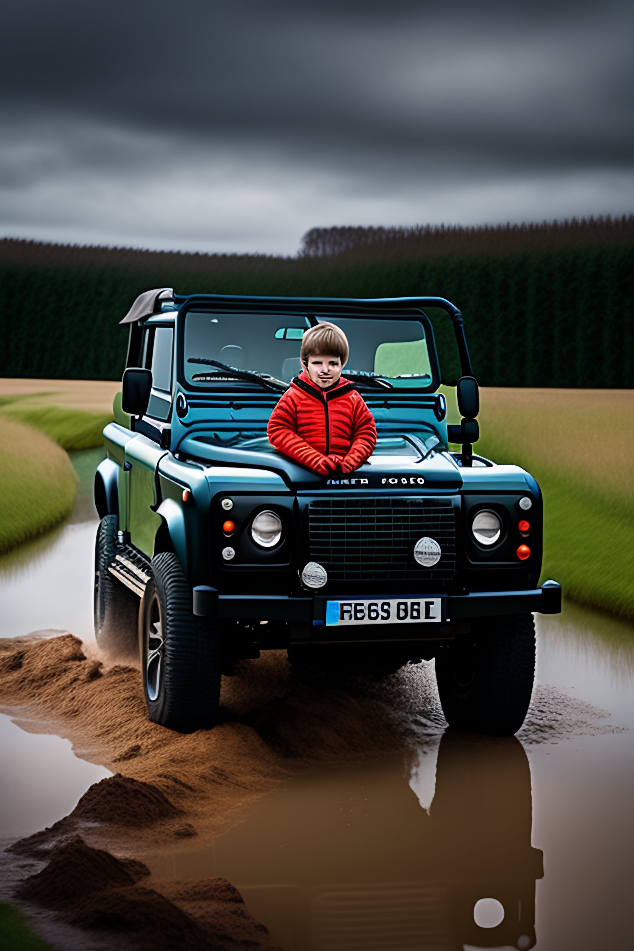 Lexica - A portrait of a kid pushing an old Land Rover Defender ...
