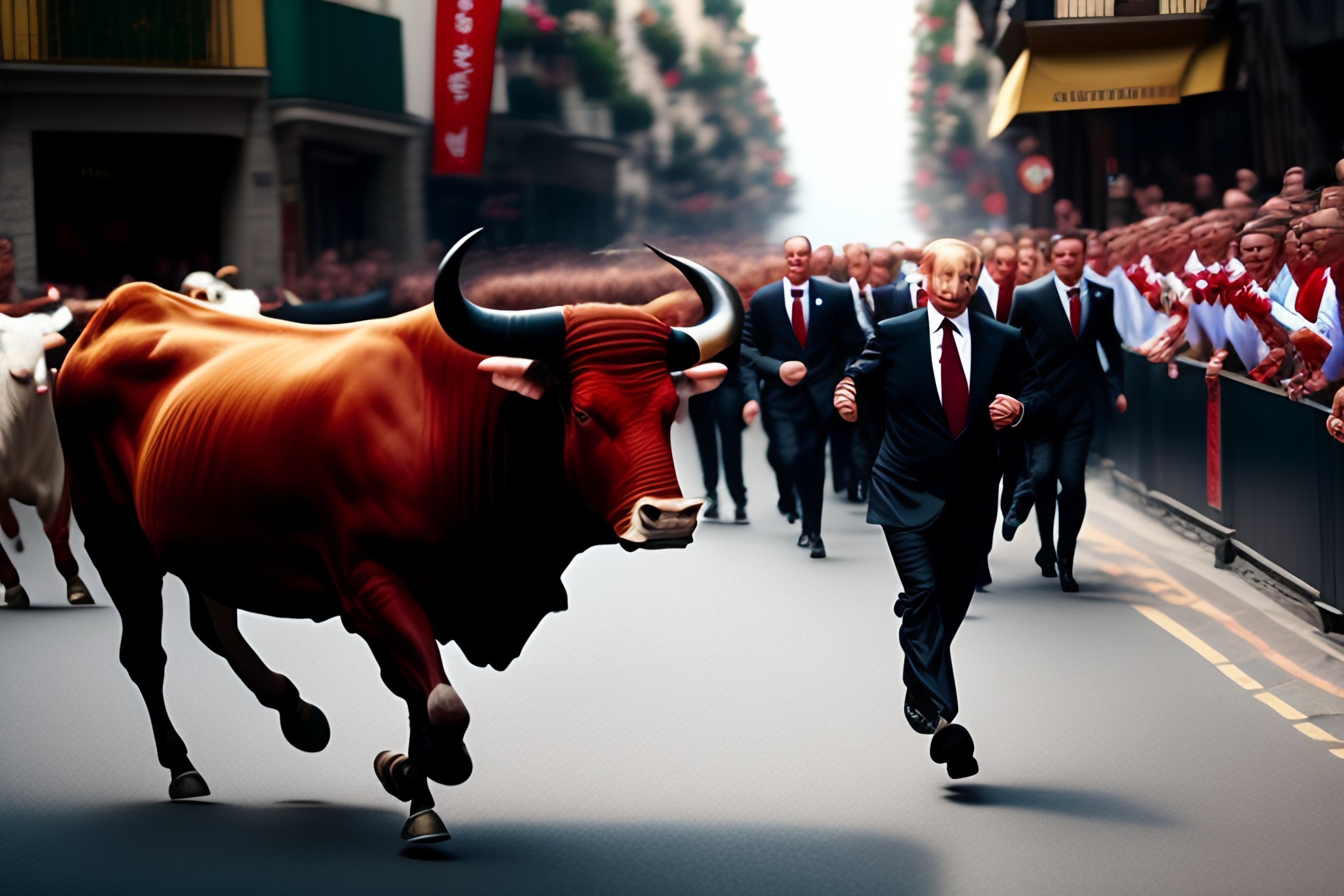 Lexica - Putin running in front of bulls in san fermin spain