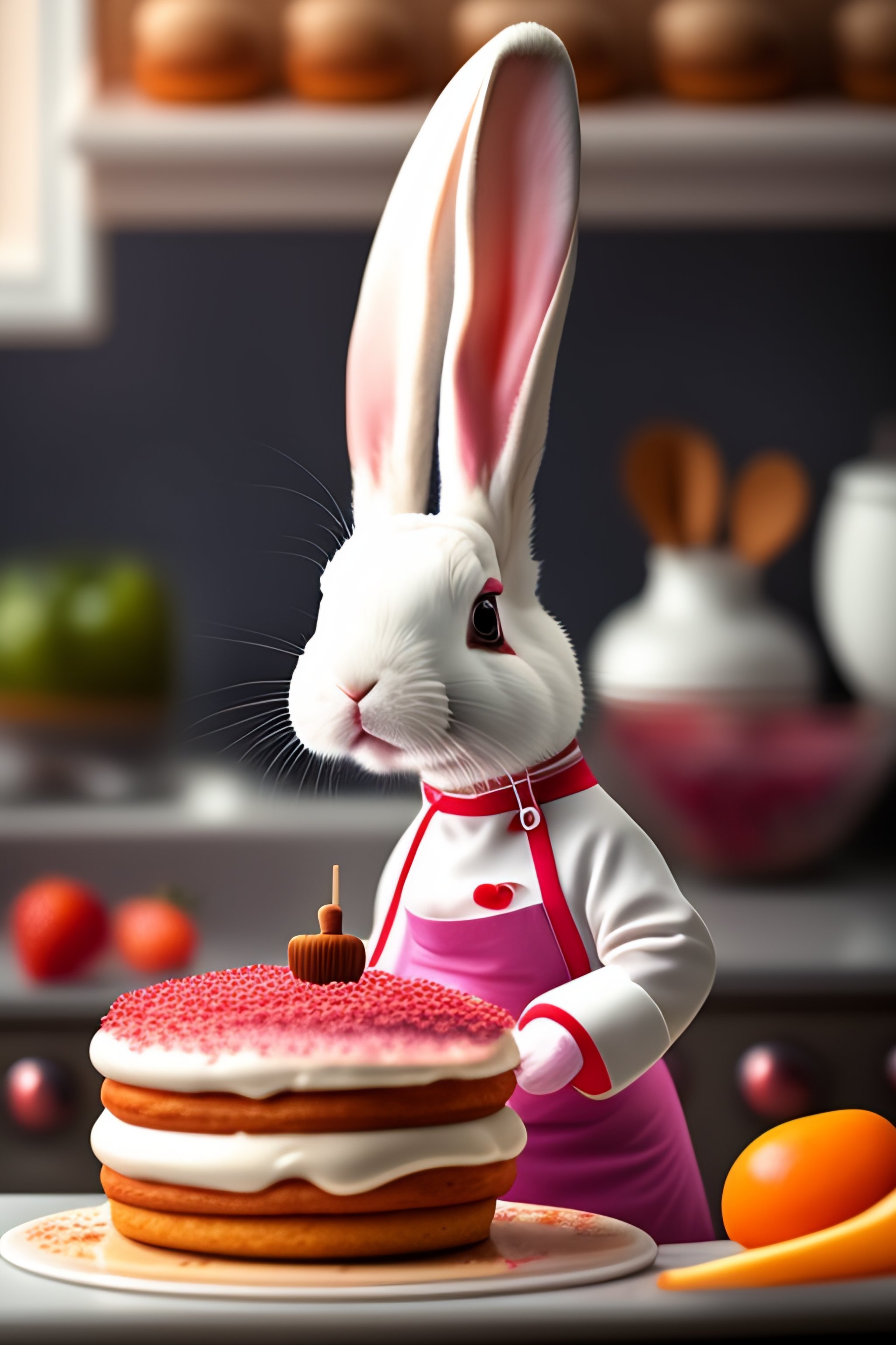 Lexica - Female bunny as a chef, making cakes in a modern kitchen