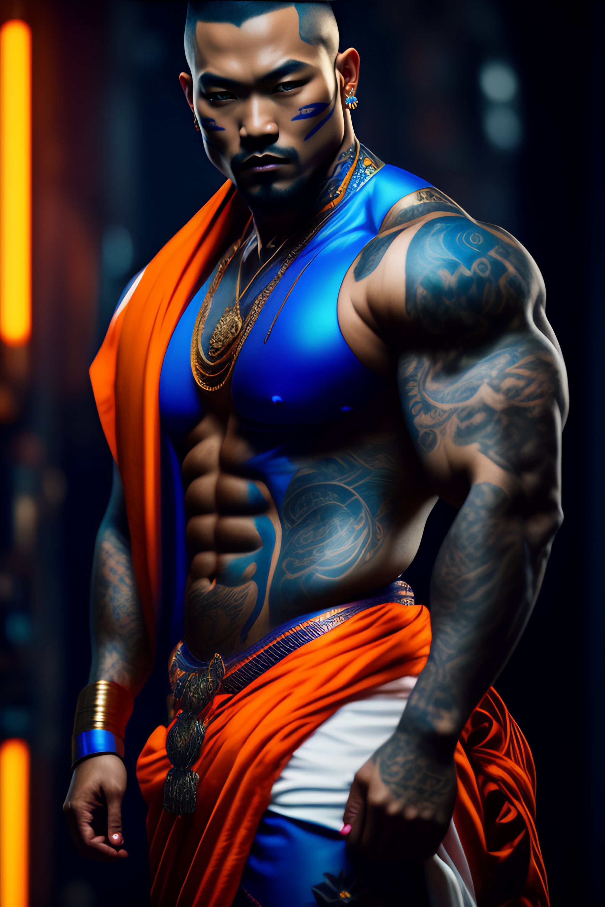 Lexica - Cyberpunk, buddhist monk, blue skin, orange skin, tattoos ...