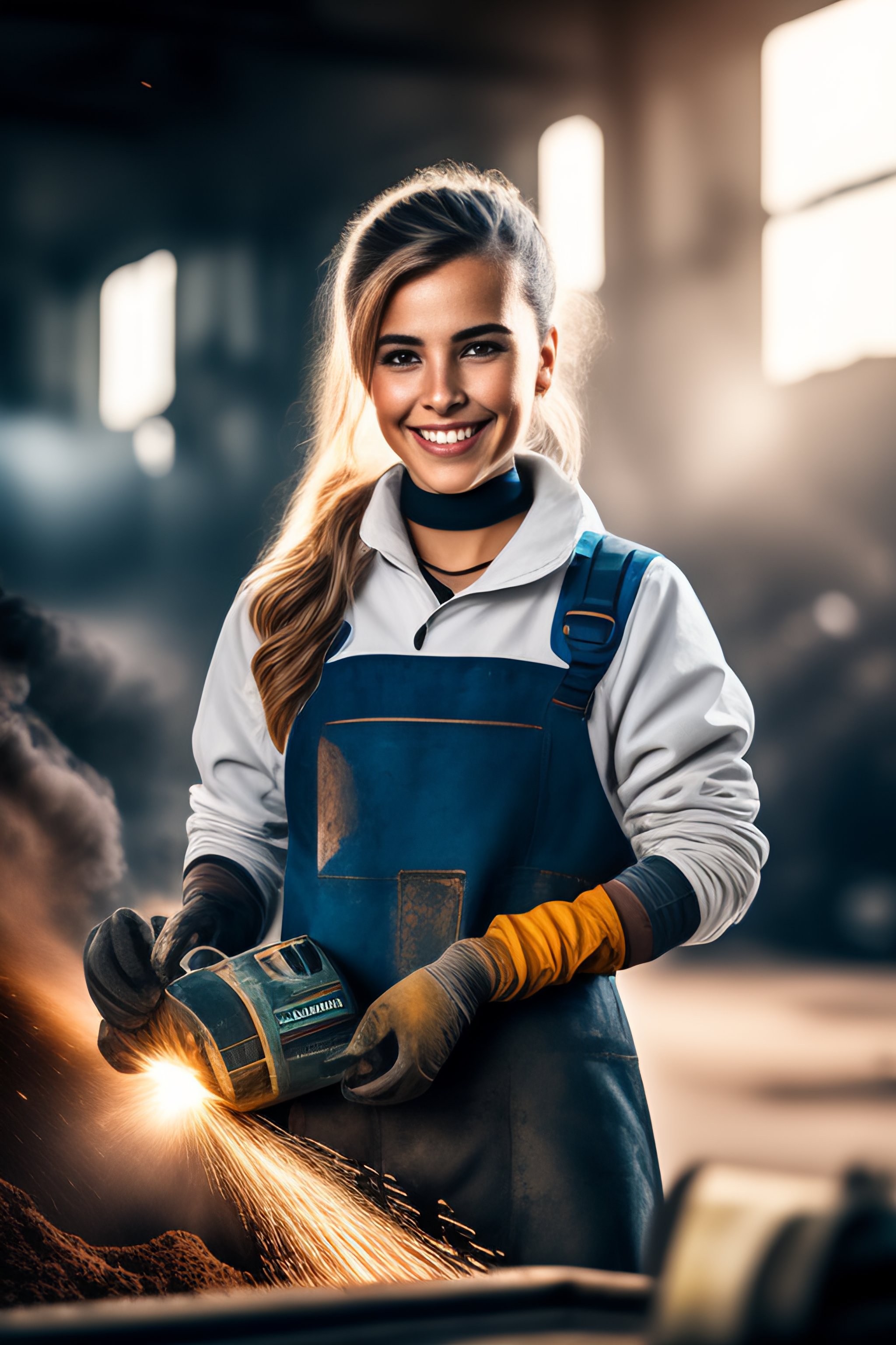 Lexica - A beautiful girl is pictured in a dirty factory, holding an ...