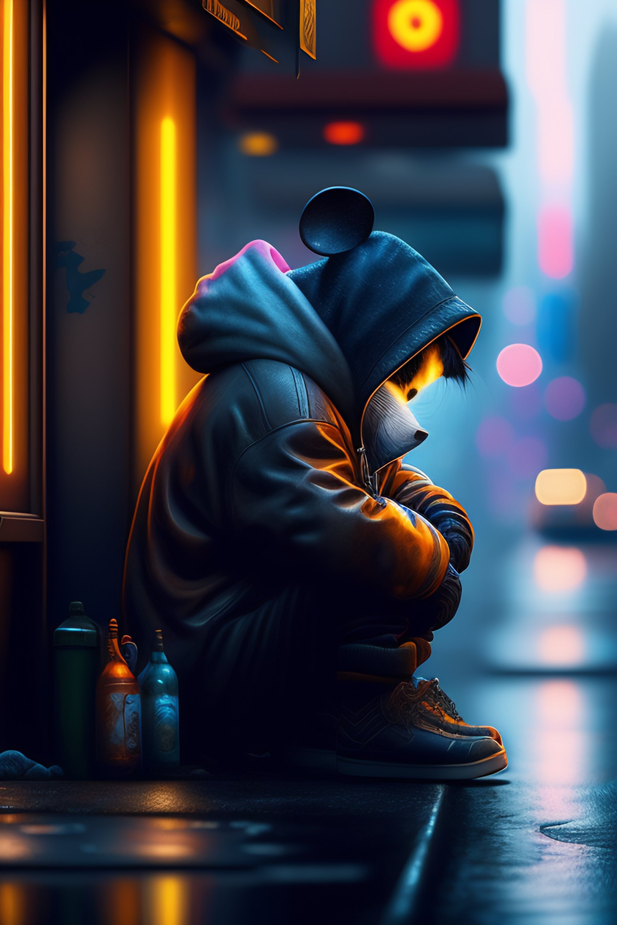 Lexica - Homeless mickey mouse sitting dejected on a curb, bottles at ...