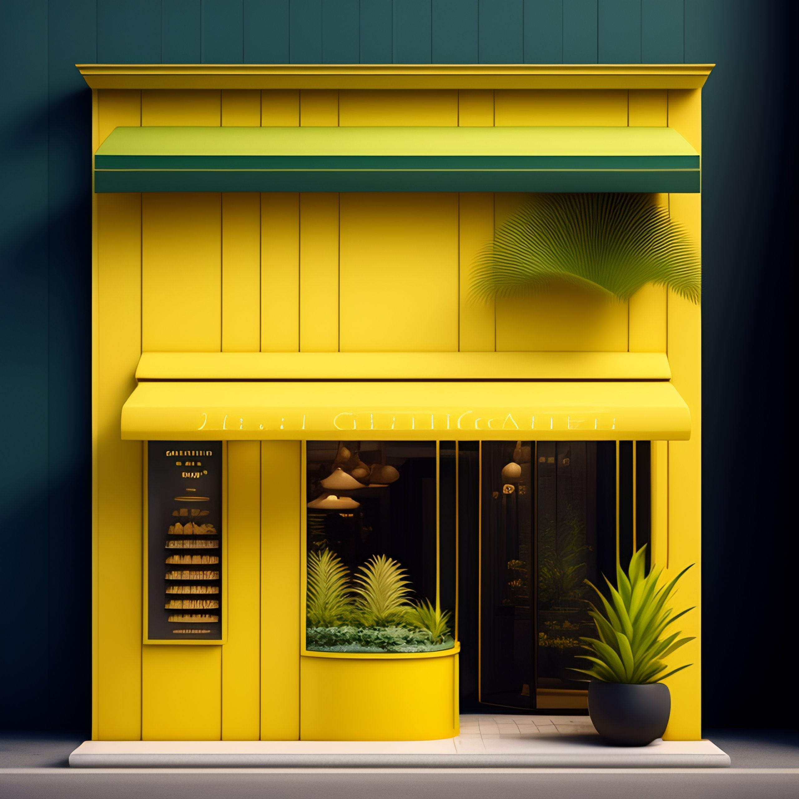 Lexica - A yellow gelato shop facade with tropical plants, minimalist ...